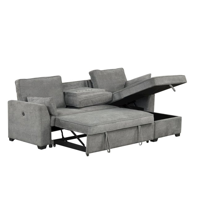 Ember 92"W Gray Fabric Sleeper Sectional Rev Storage Chaise USB Port ...