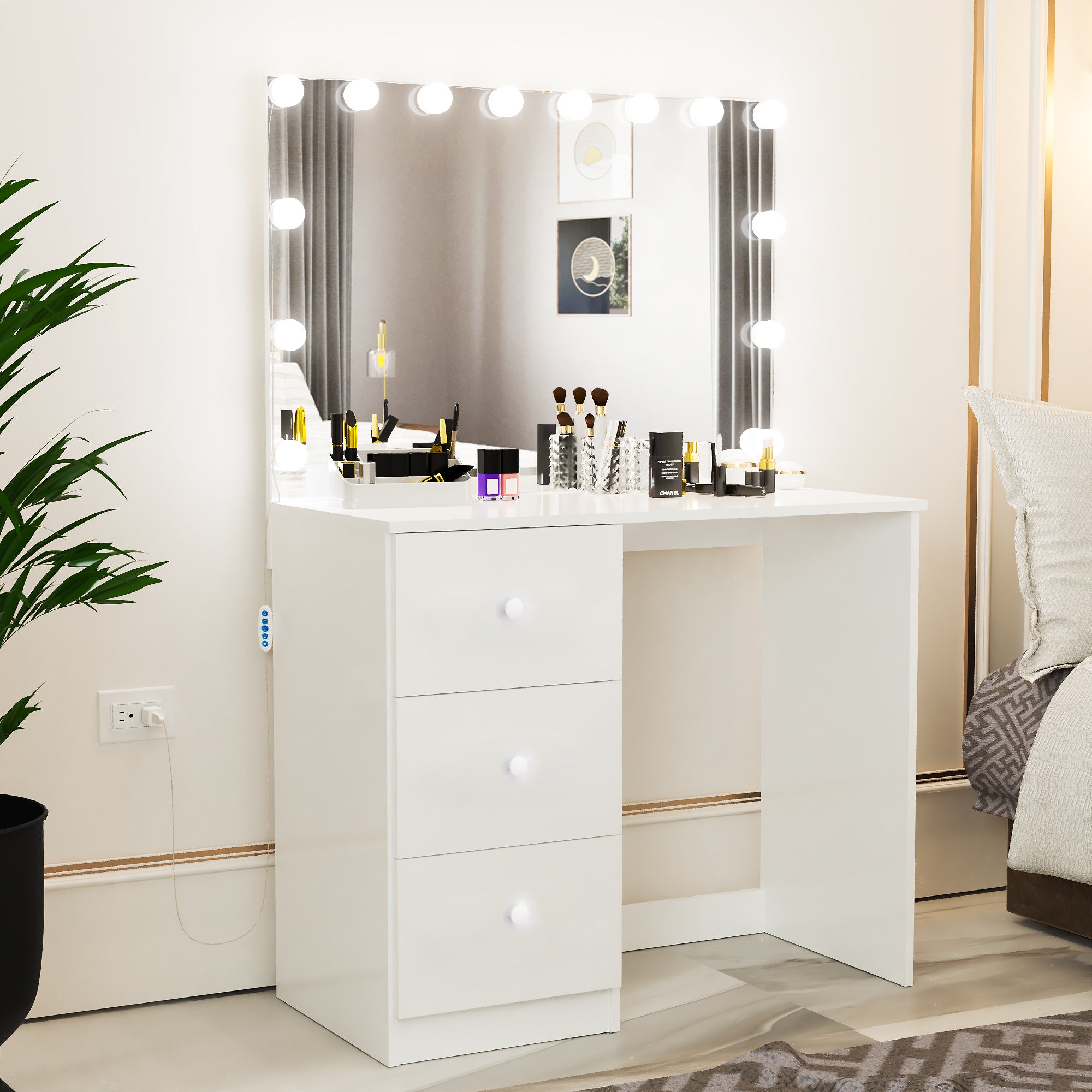 Ember Interiors Maddie Modern White Painted Vanity Table, USB Port, for ...