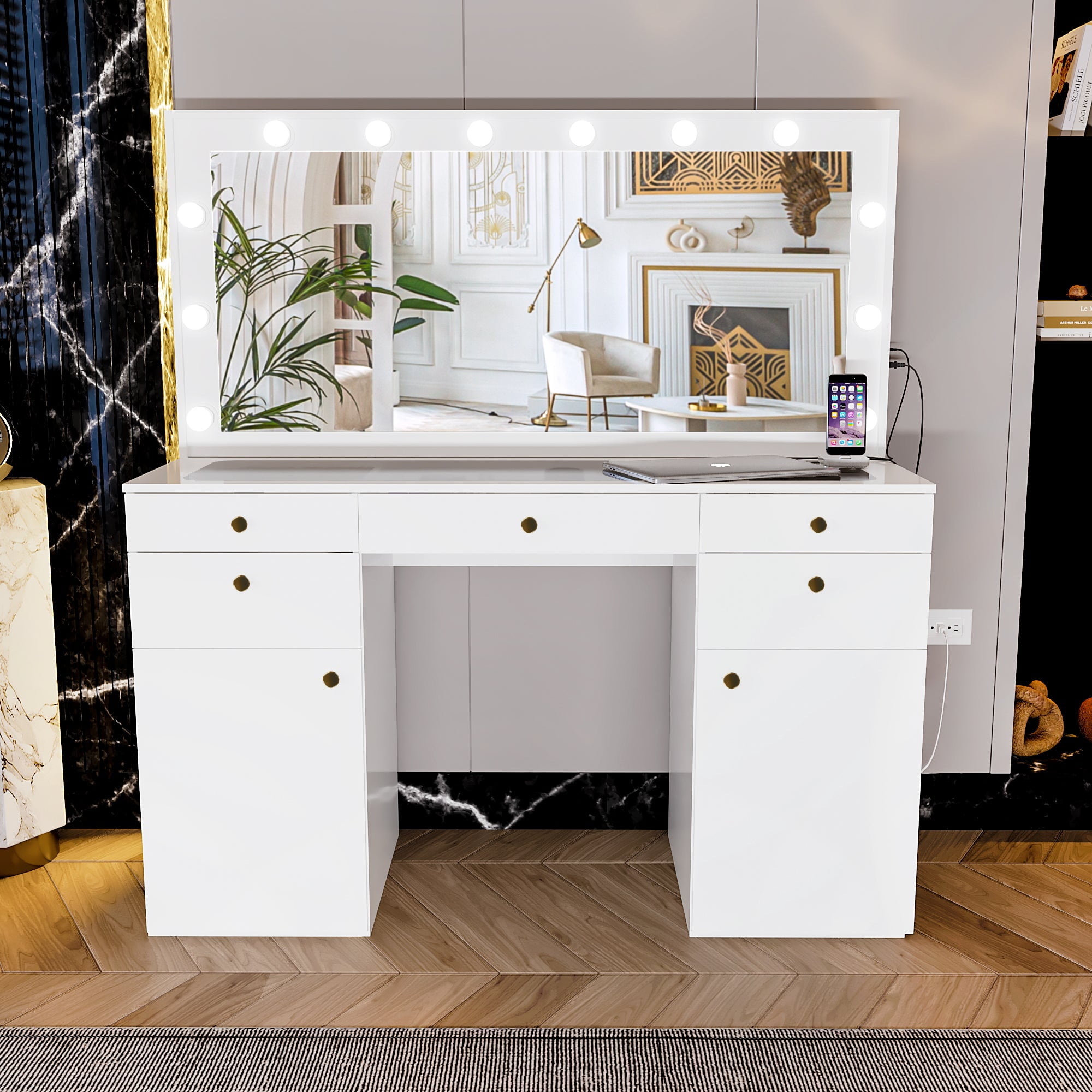 Free Shipping! Ember Interiors White Vanity Makeup Desk with Mirror ...