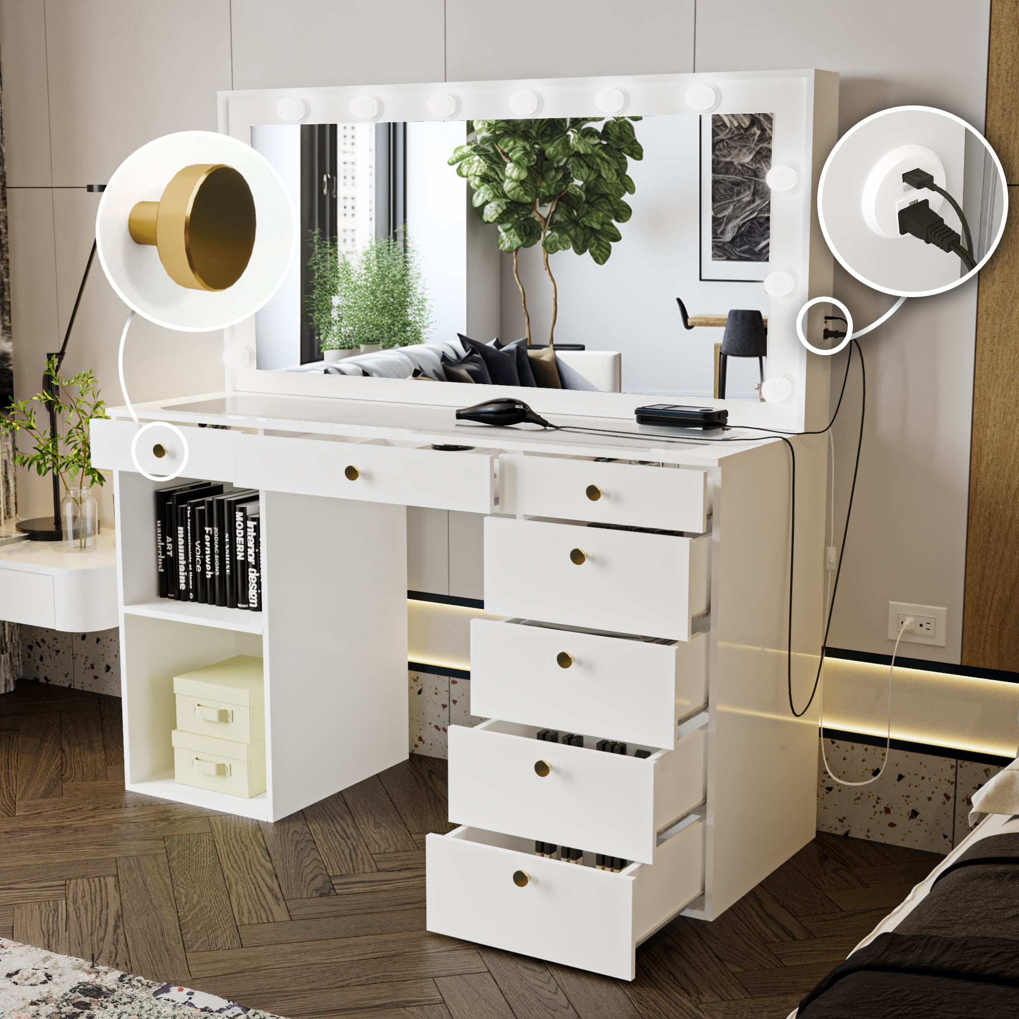 Ember Interiors Big Vanity Table with Large Mirror, Built-in Lights, 7 ...