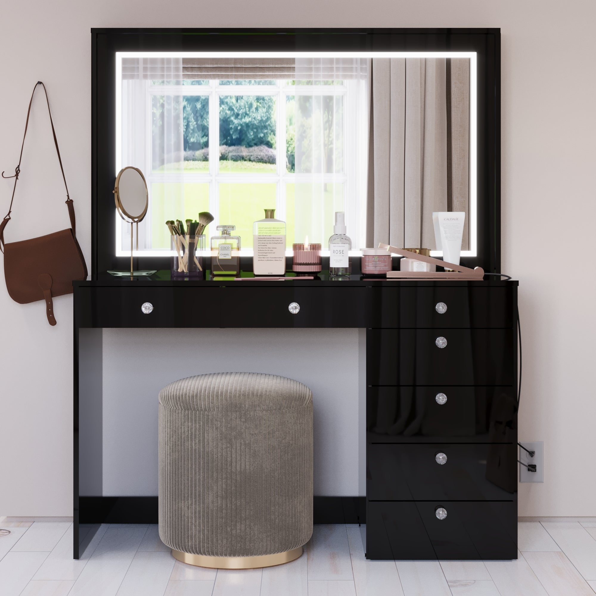 Ember Interiors Ellie Black Makeup Vanity Desk - LED Lights - Walmart.com