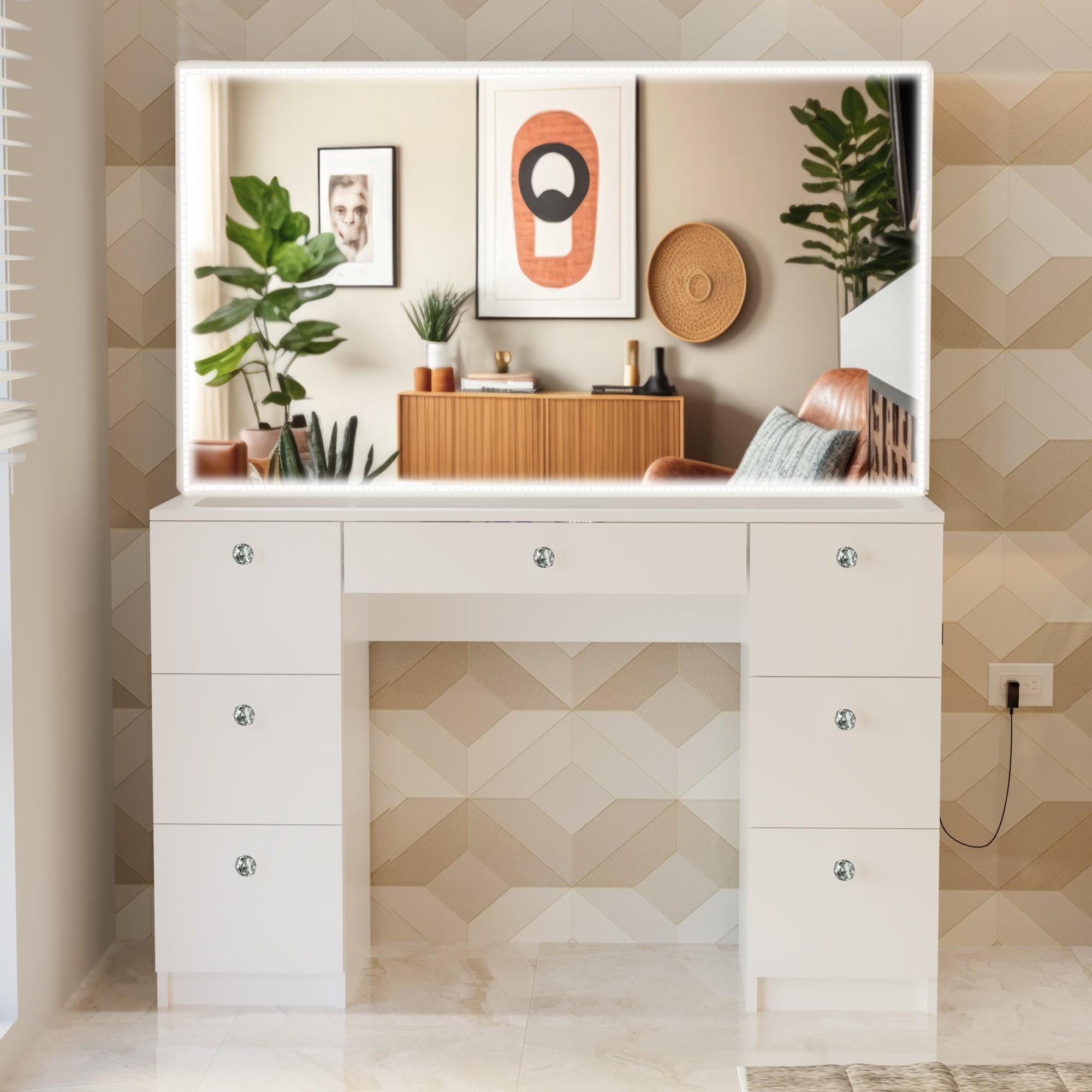 Ember Interiors Chantal White Makeup Vanity Desk with Lights, Charging Station, Mirror for Women ...