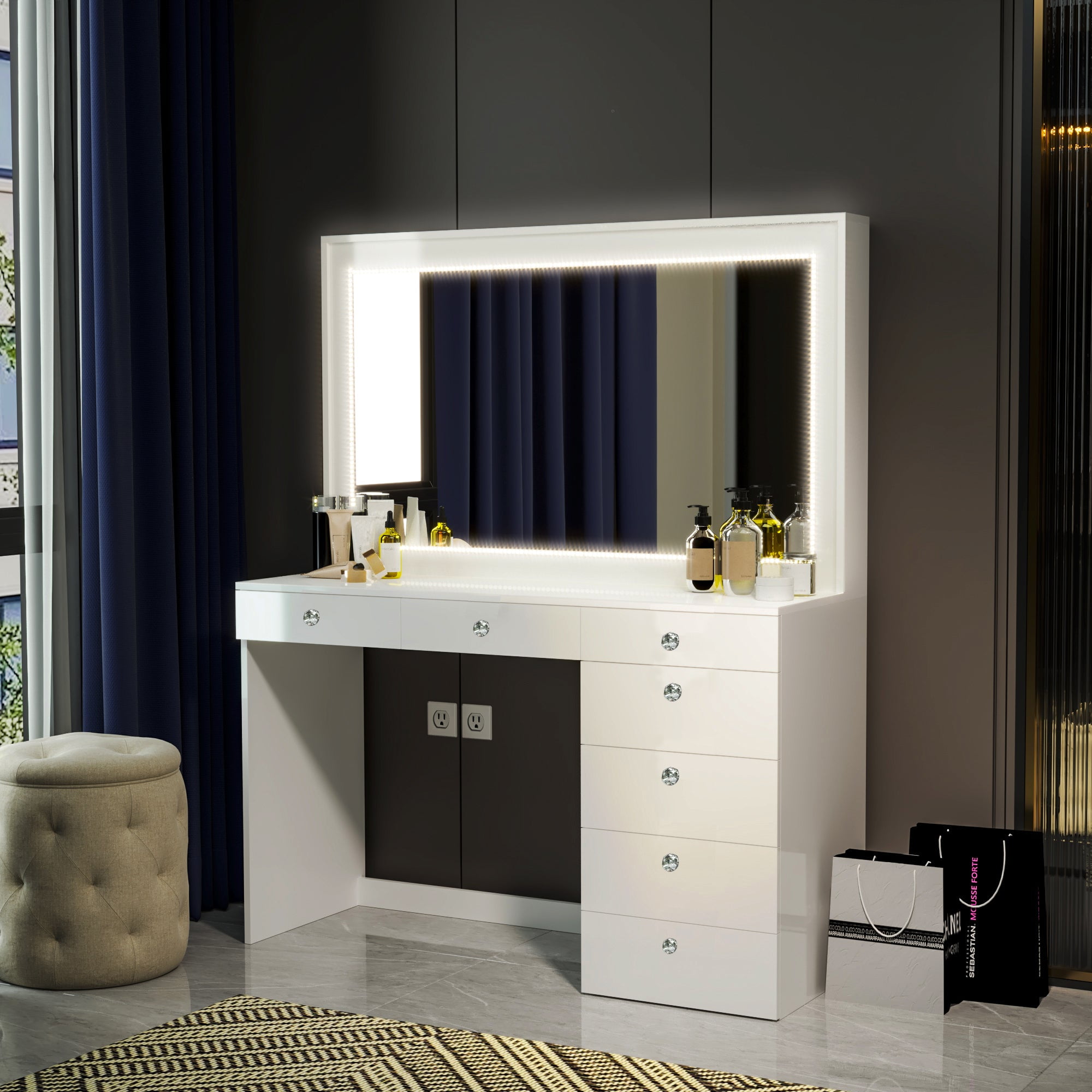Ember Interiors Ellie White Makeup Vanity Desk with Lights, Charging Station, Mirror - Walmart.com