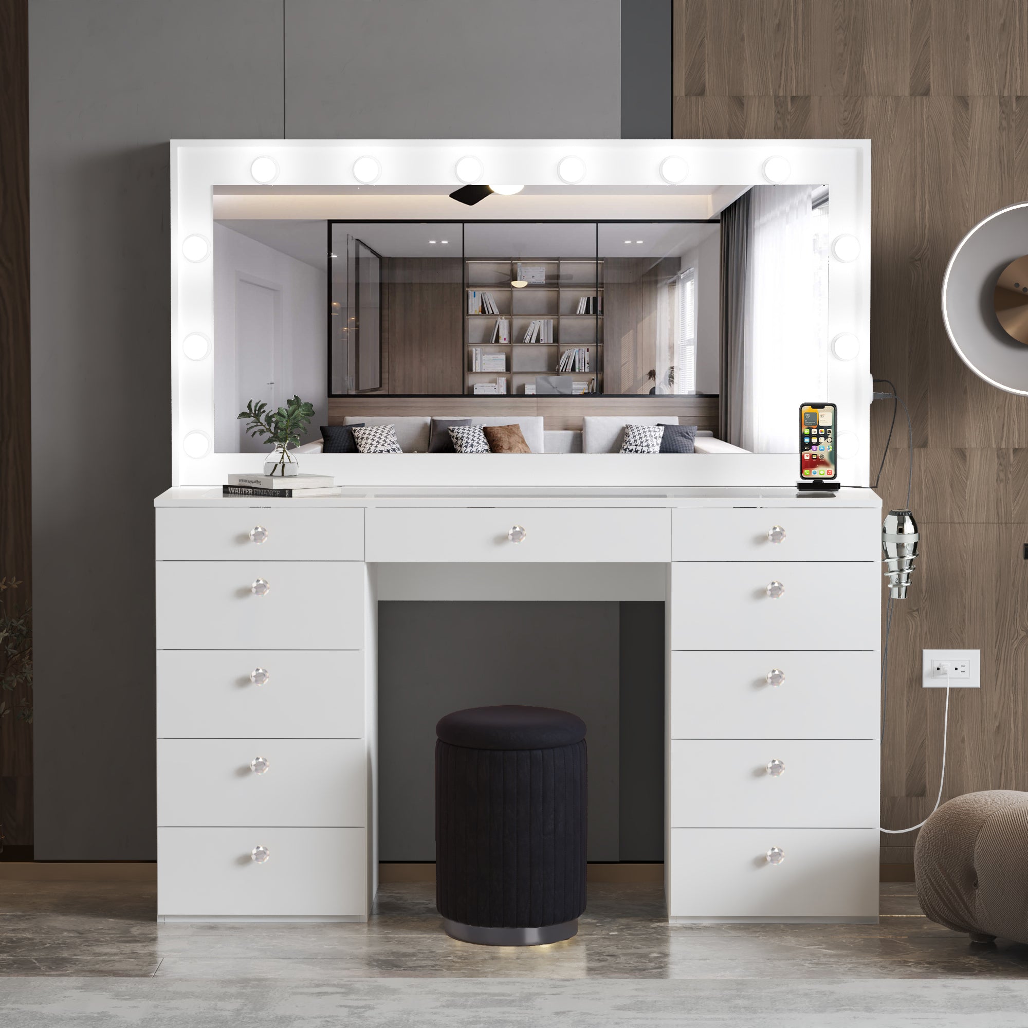 Ember Interiors Extra Large White Vanity with Lighted Mirror, Crystal ...