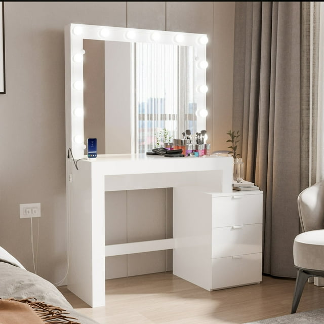 Ember Interiors Ghada Modern White Makeup Vanity Desk with Add-On Bulbs ...