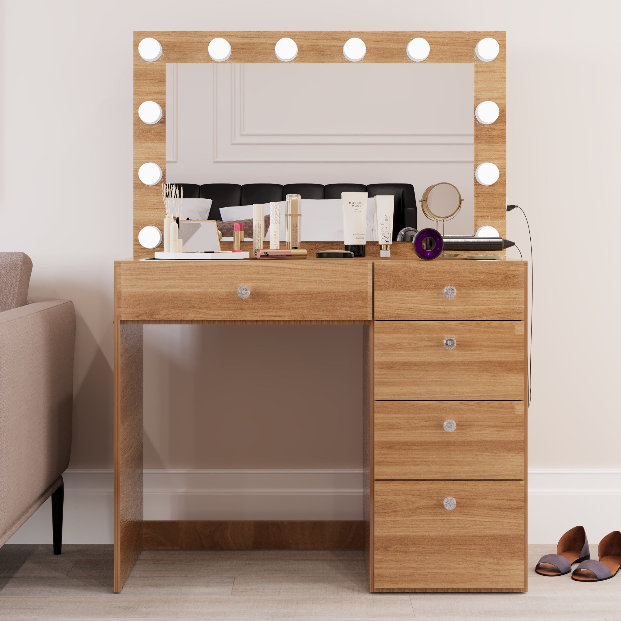 Ember Interiors Ghada Lighted Makeup Vanity Desk with USB Port & Bright ...