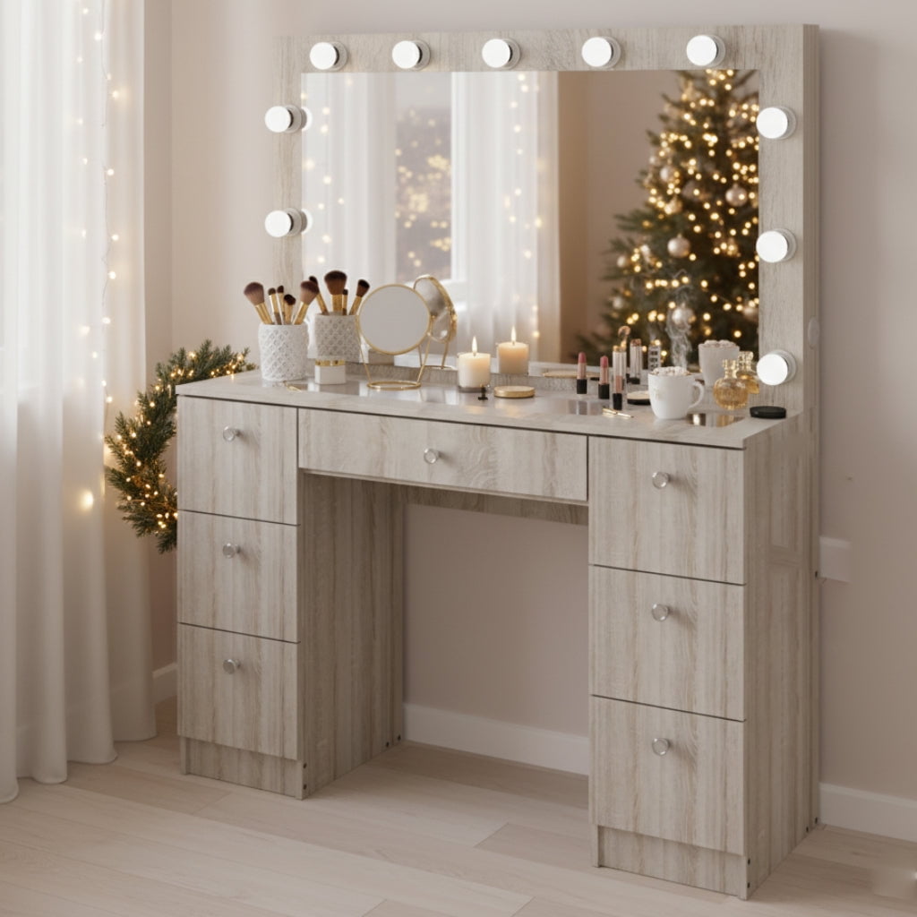Ember Interiors Ibbie Modern Greige Makeup Vanity with Glass Top and ...