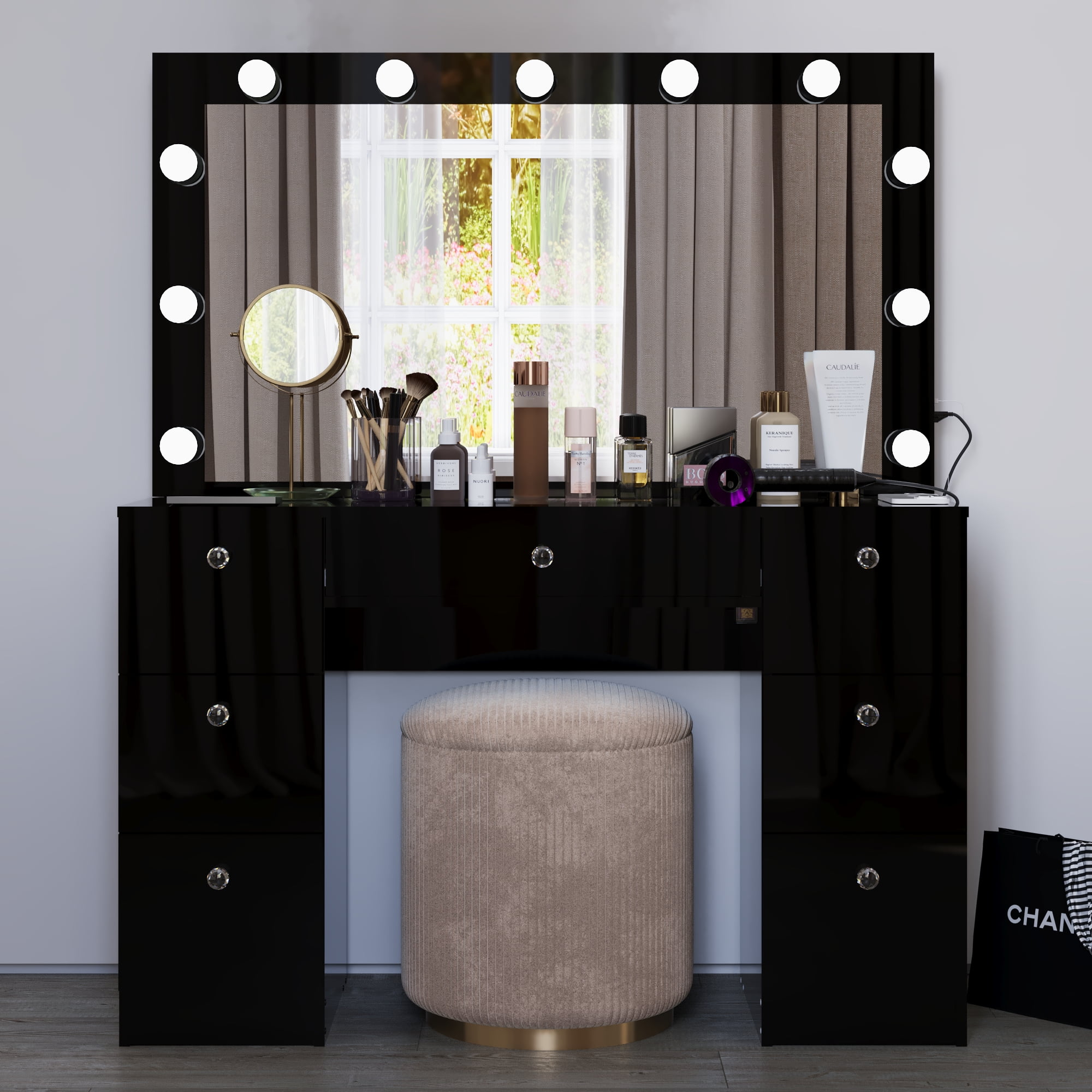 Ember Interiors Ibbie Modern Black Makeup Vanity with Glass Top and ...