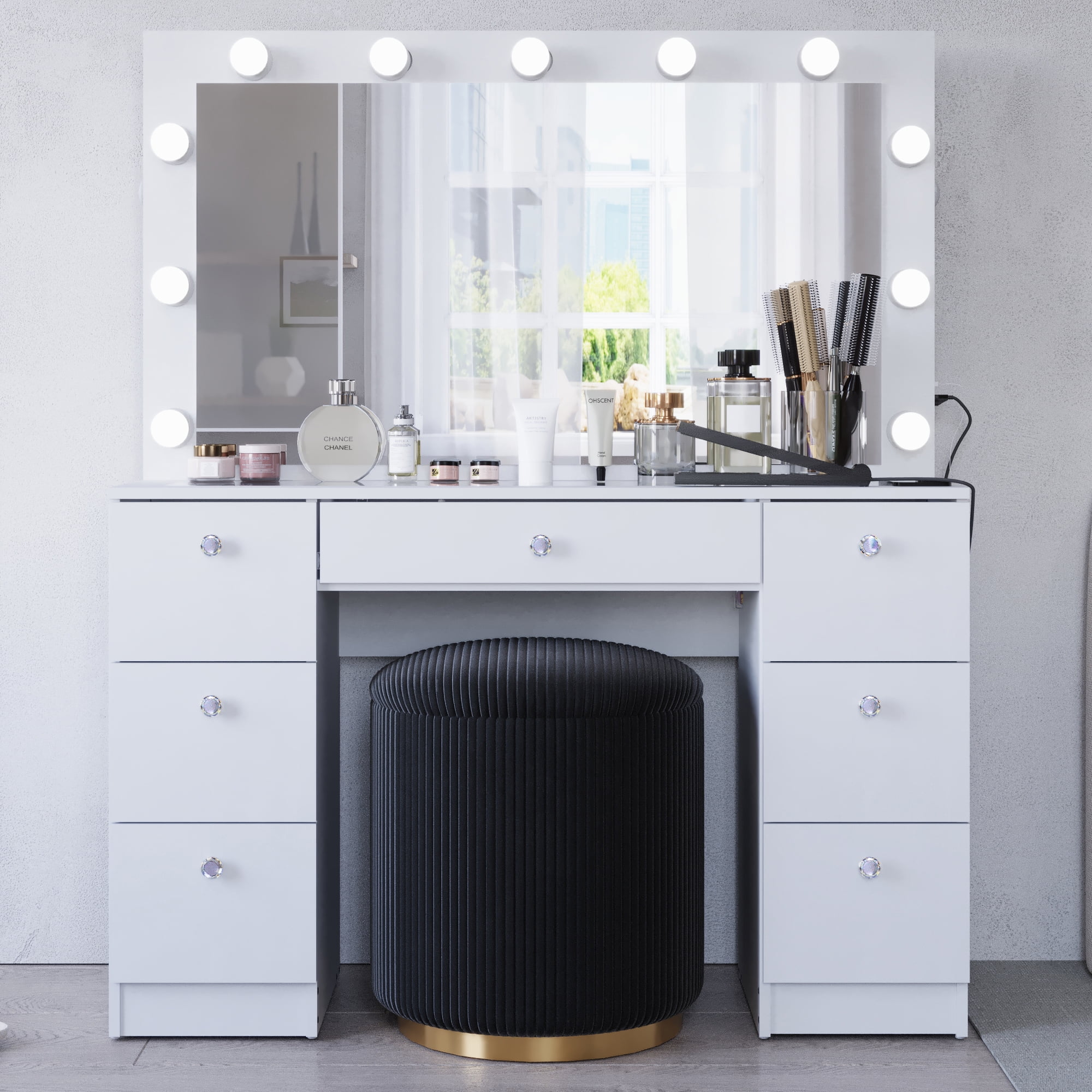 Ember Interiors Ibbie White Makeup Vanity with Glass Top, Lights ...