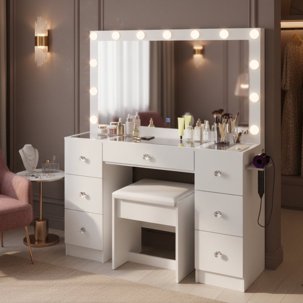 Ember Interiors Ibbie White Makeup Vanity Desk, Stool, Glass Top ...