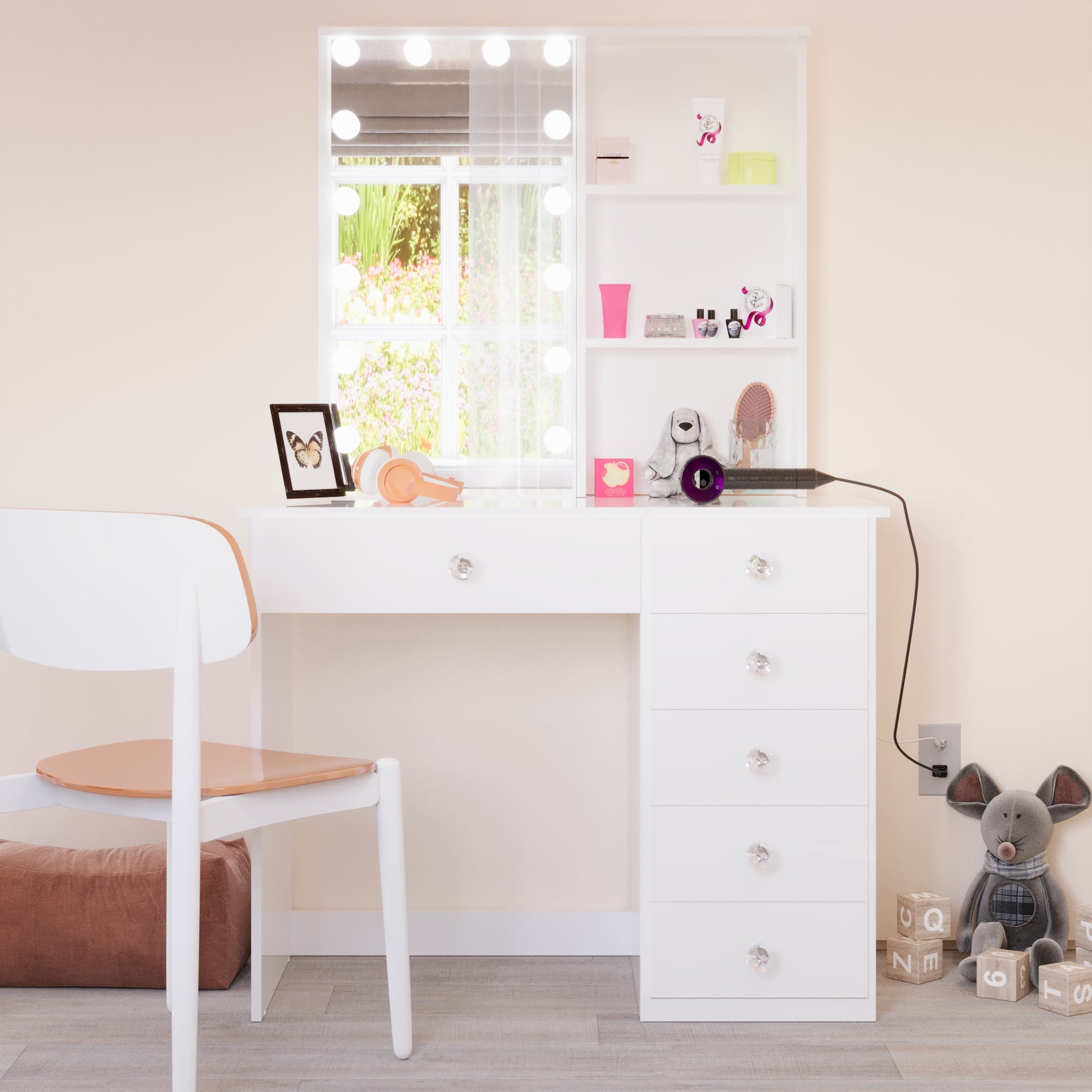 Ember Interiors Kids Vanity Desk with Mirror and Lights – White Makeup Table with 6 Drawers ...