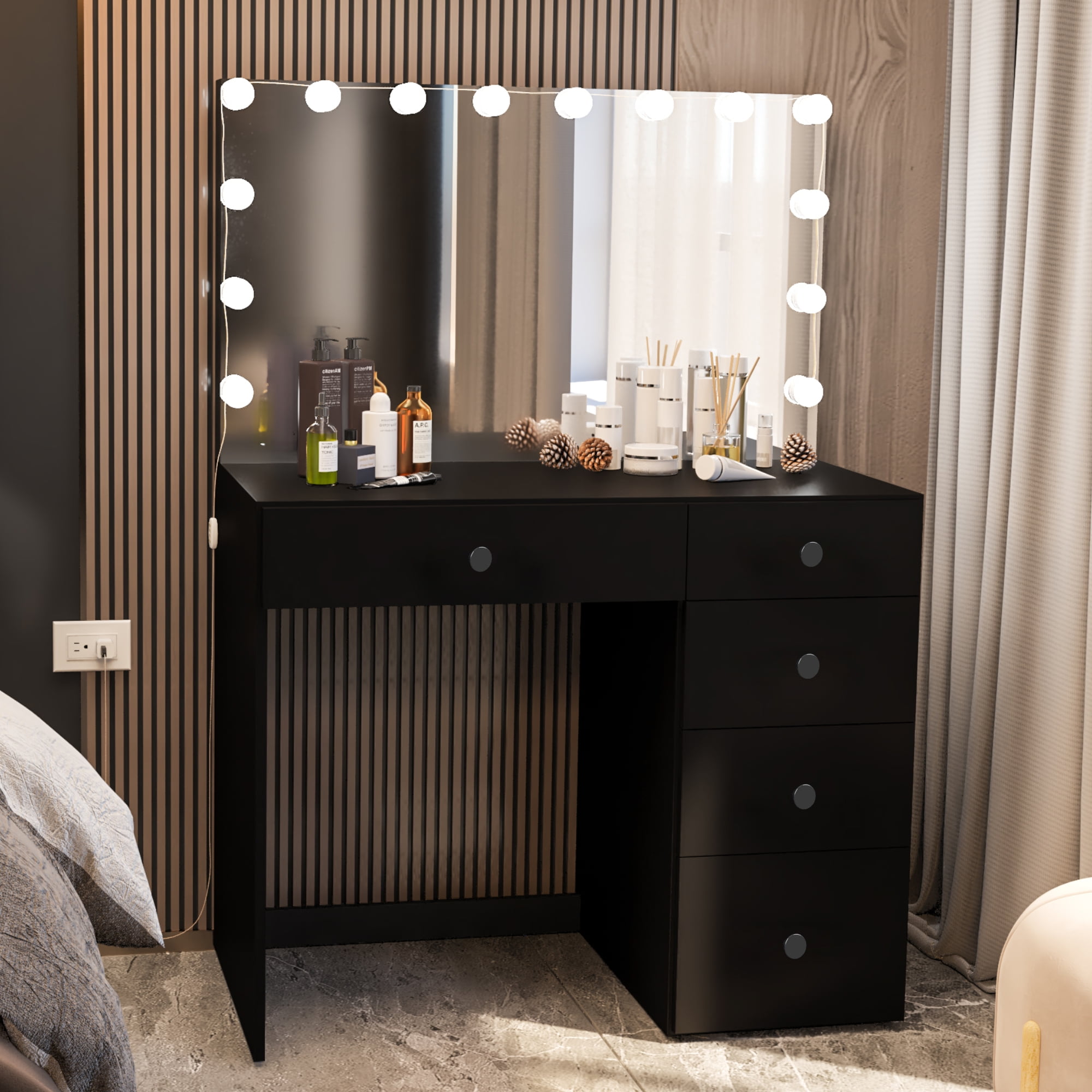 Ember Interiors Leia Modern Black Painted Vanity Table, Lights, for ...