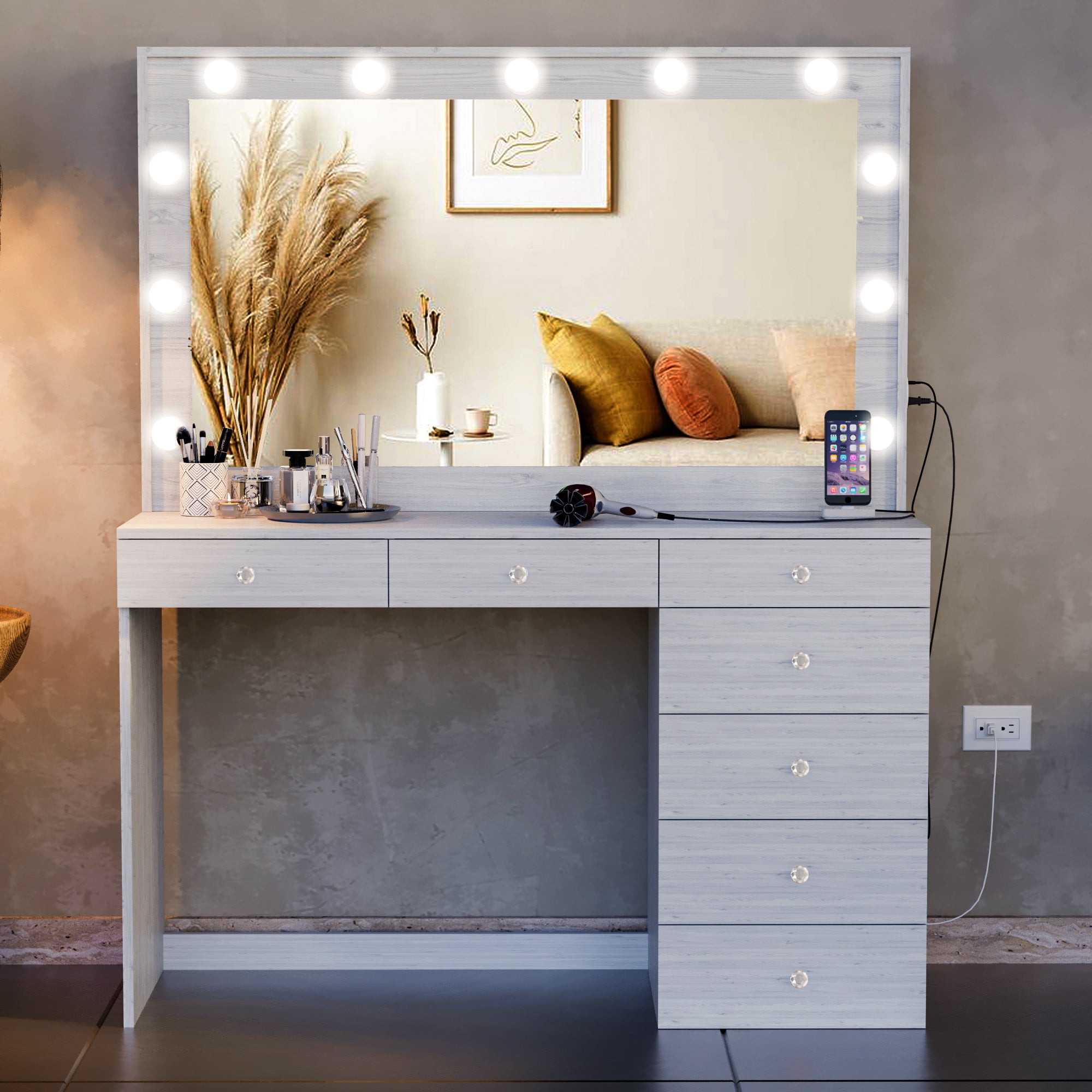Ember Interiors Modern Greige Vanity Desk - 7 Drawers - Walmart.com