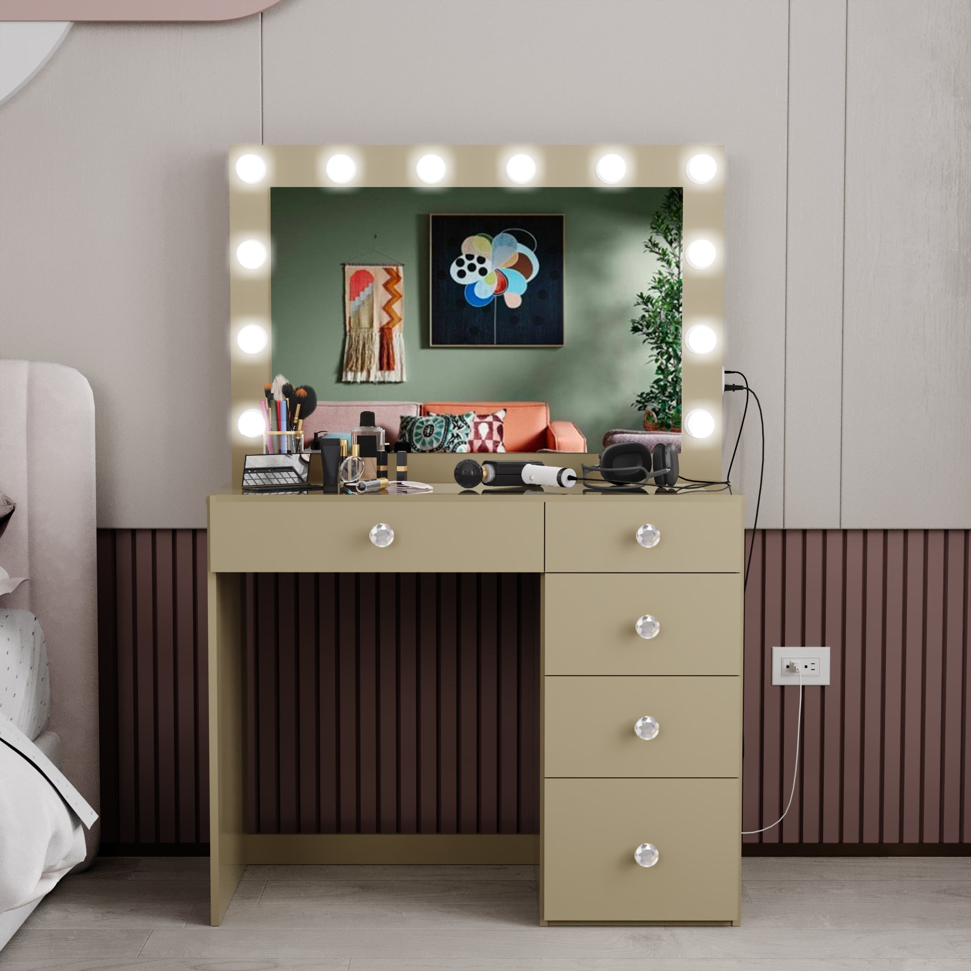 Ember Interiors Modern Greige Makeup Vanity Desk - 5 Drawers - Walmart.com
