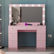 Ember Interiors Ibbie White Makeup Vanity Desk with Glass Top, Lights ...