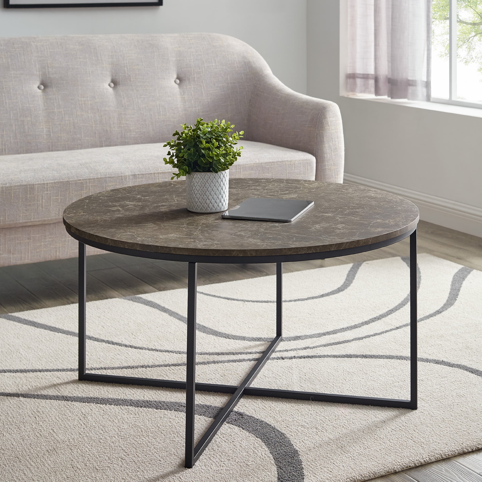 Ember Interiors Modern Round Coffee Table, Brown Faux Marble/Black ...