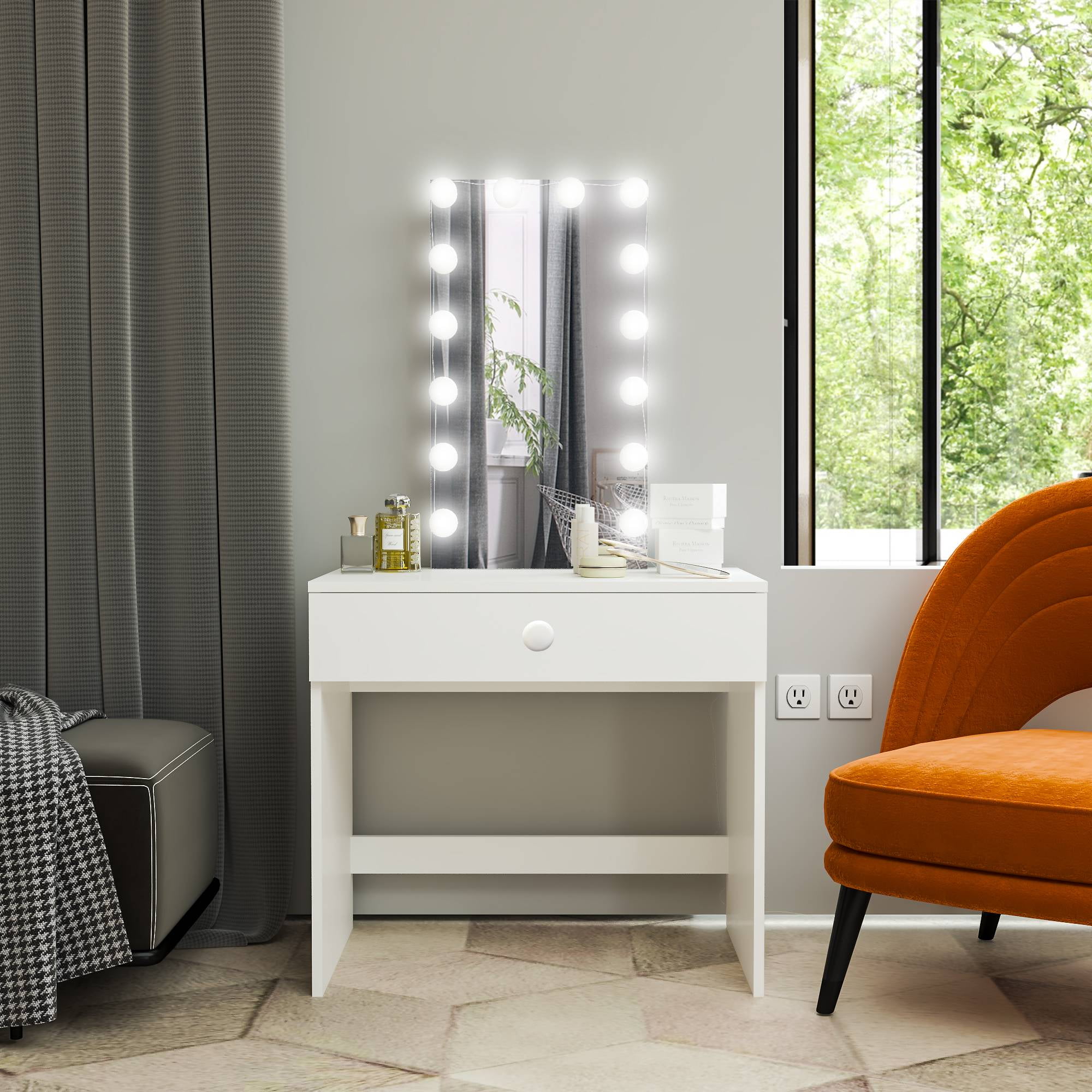 Ember Interiors Modern Vanity Table with Add-on Light Bulbs, 1 Drawer ...