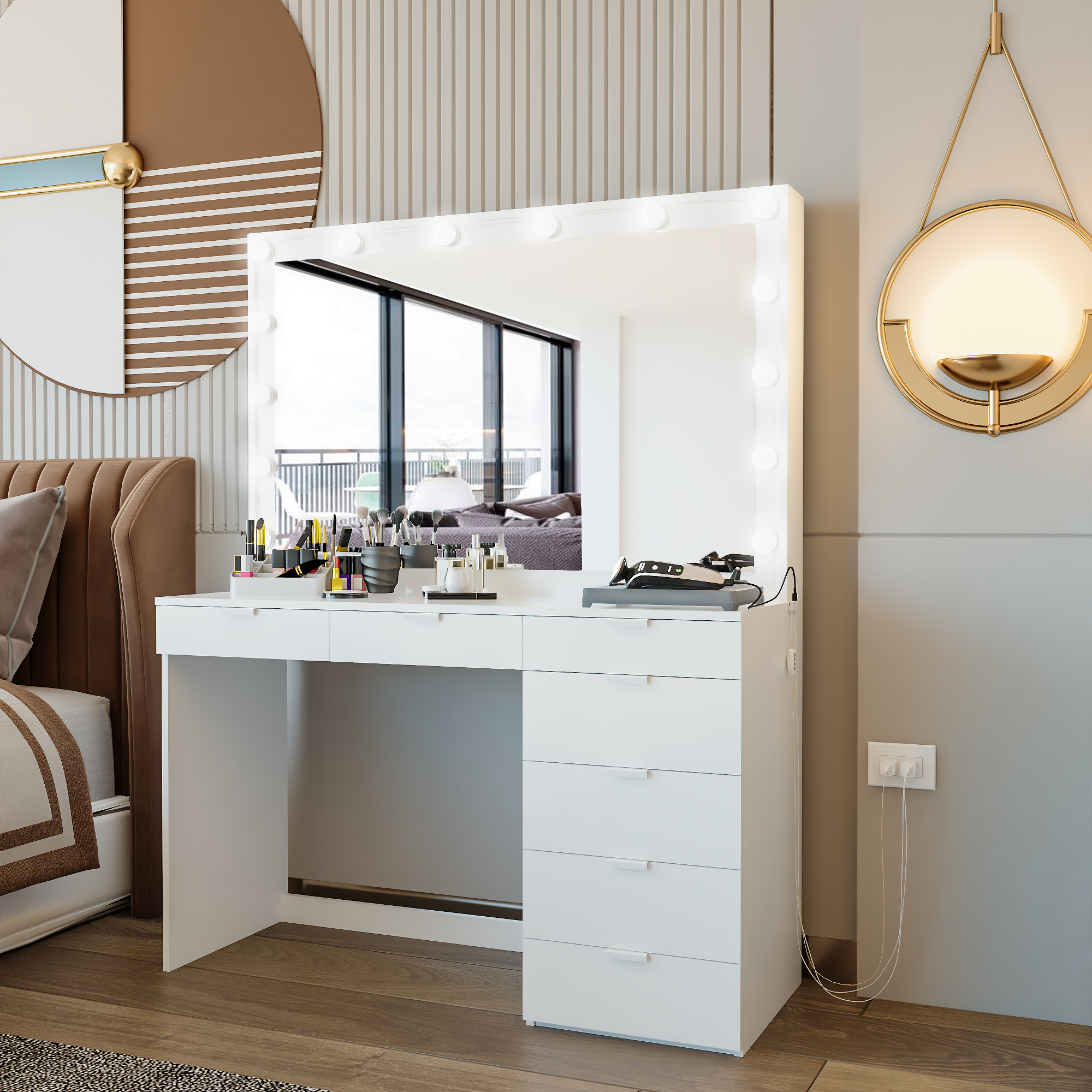 Ember Interiors Peggy Modern White Painted Vanity Table, Lights, USB ...