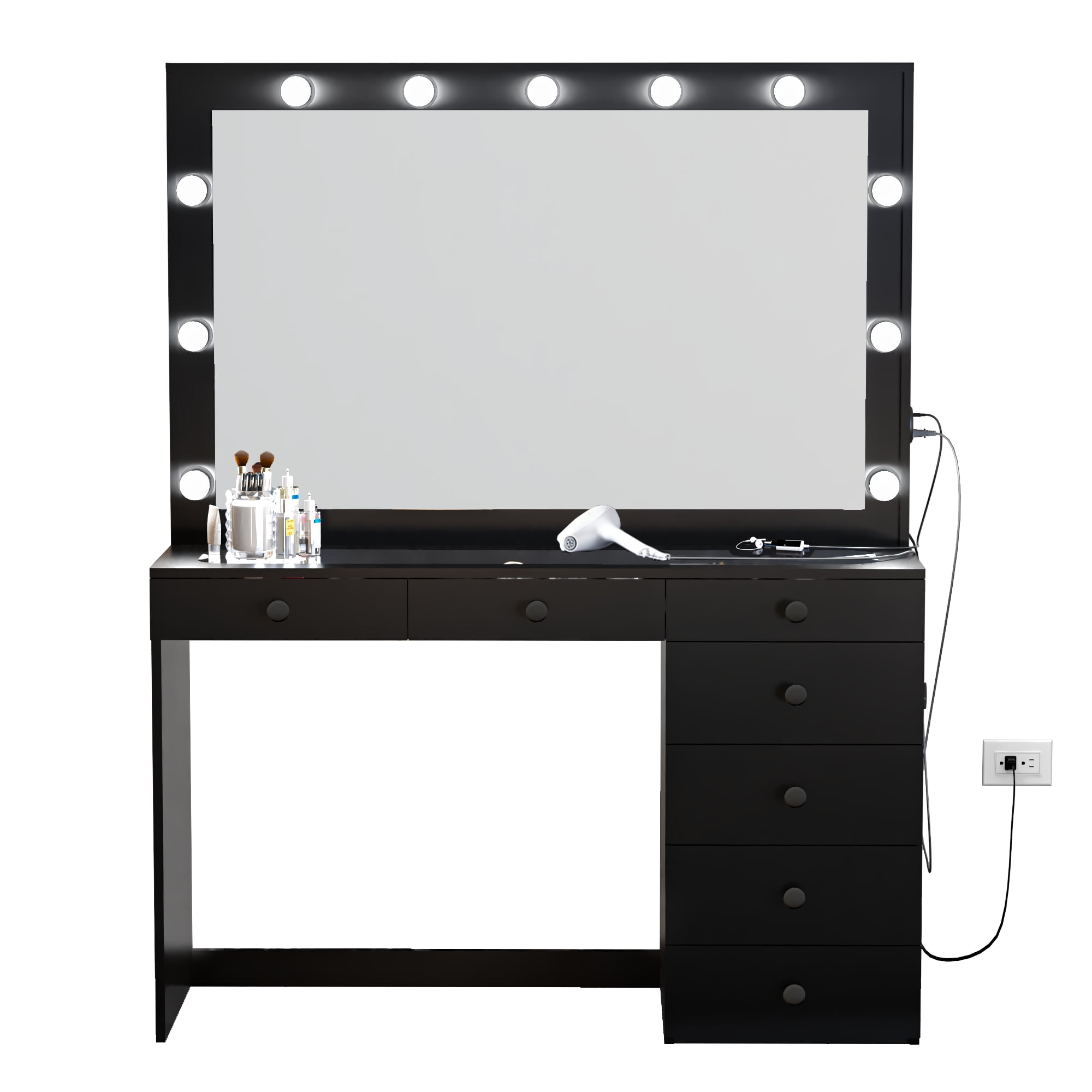 Ember Interiors Polly Modern Black Painted Vanity Table Desk, Lights ...
