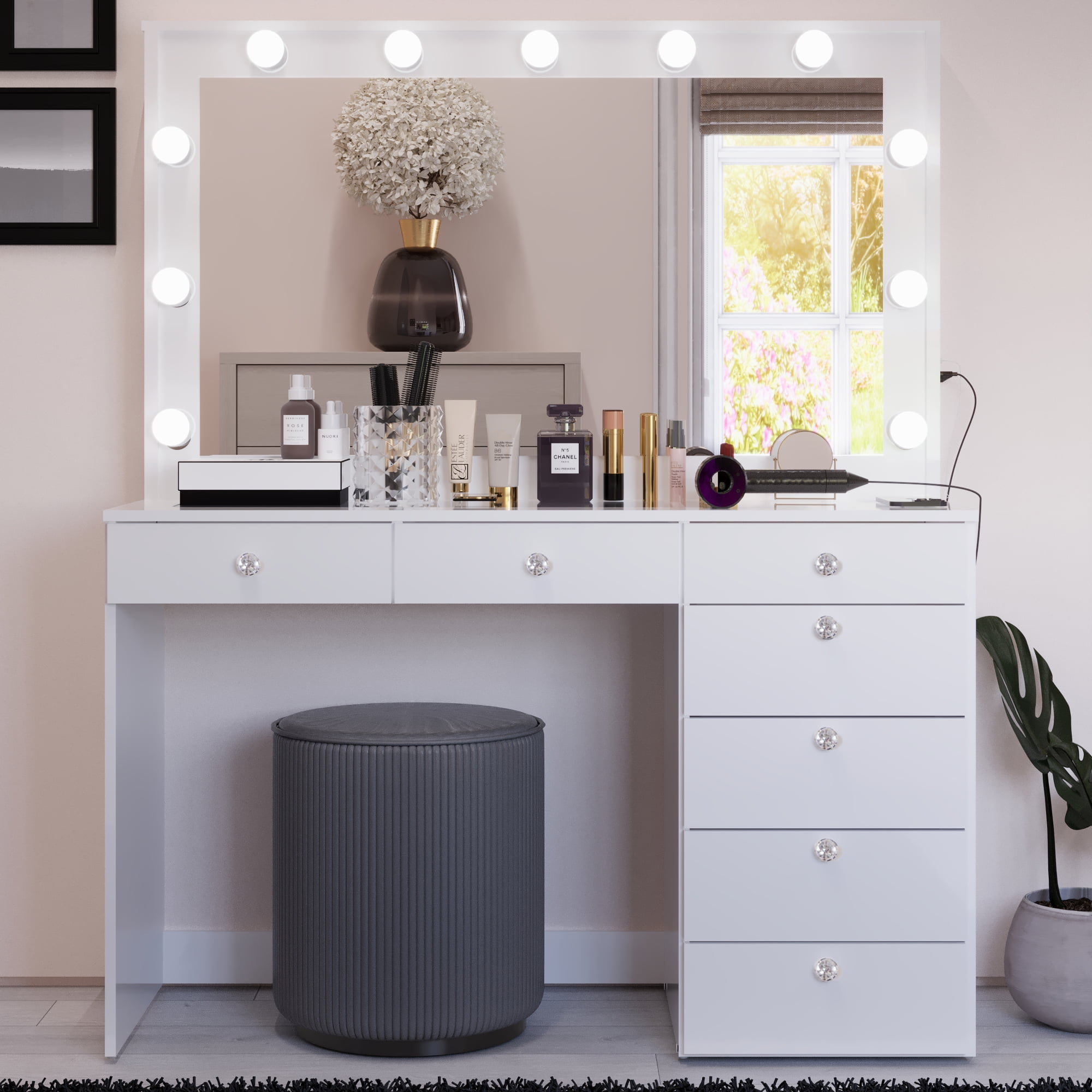 Ember Interiors Polly White Makeup Vanity Desk with Lights, Charging ...
