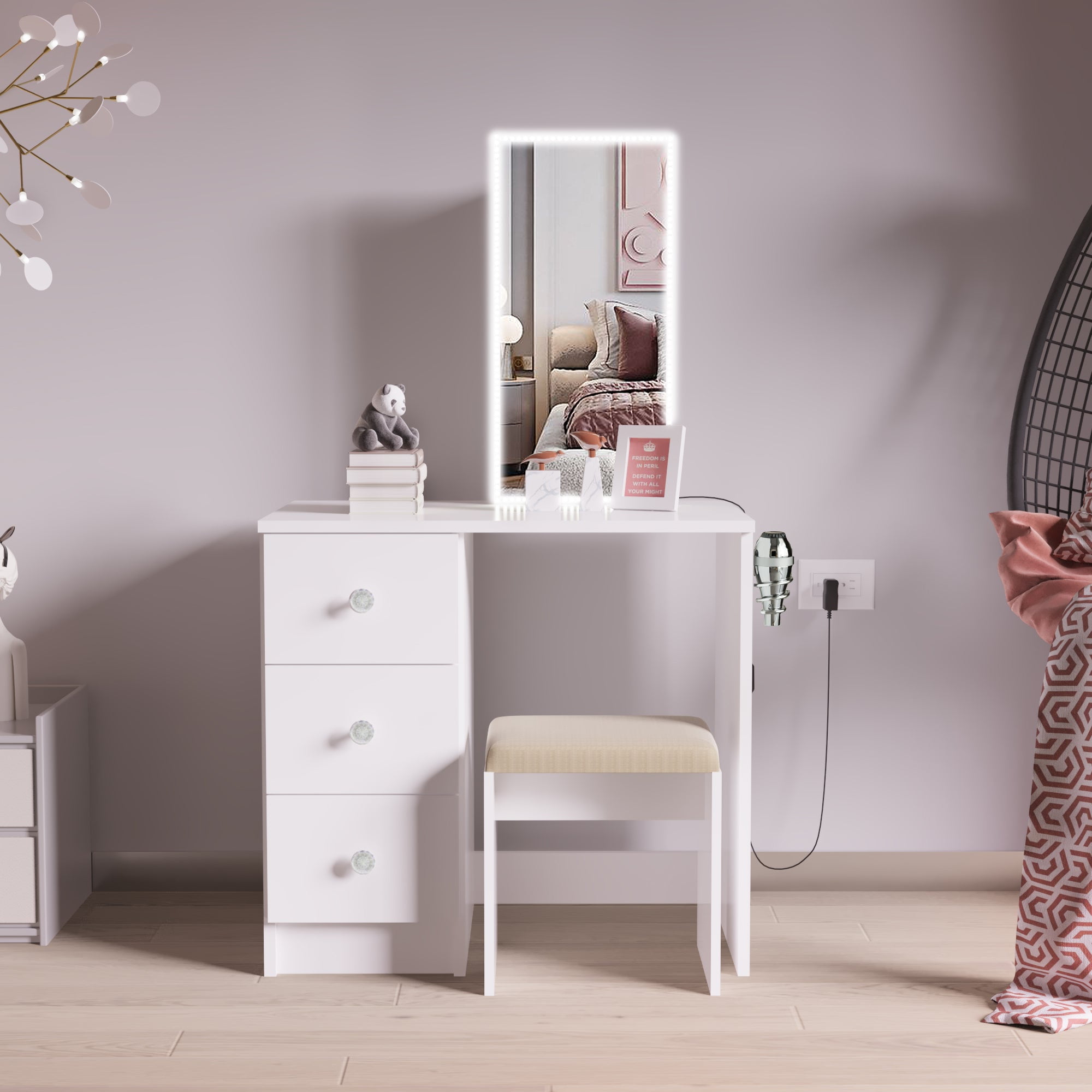 Ember Interiors Small Kids Vanity with LED Lights, Makeup Chair ...
