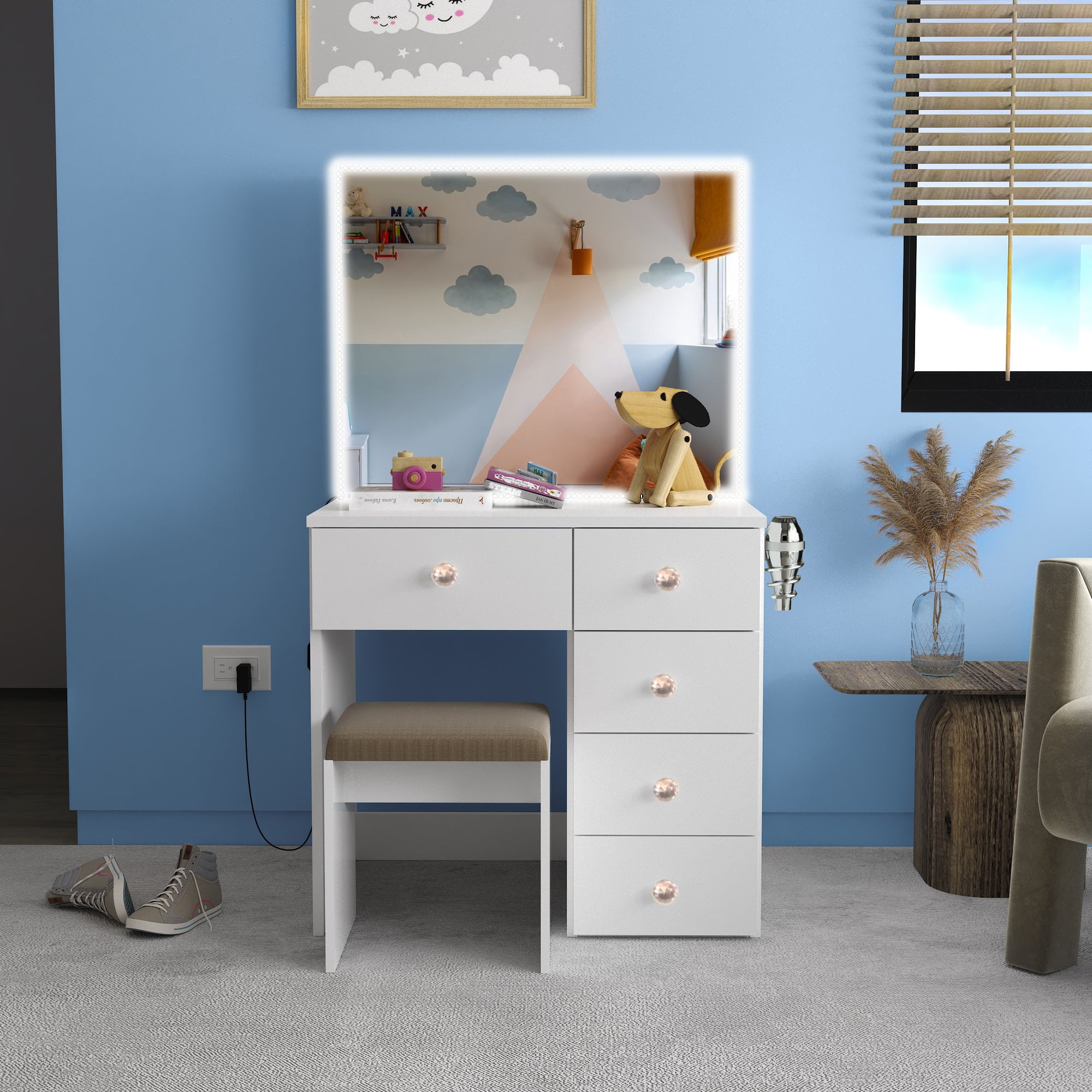 Ember Interiors Small Vanity Makeup Desk with LED Lights, Chair,Rose ...