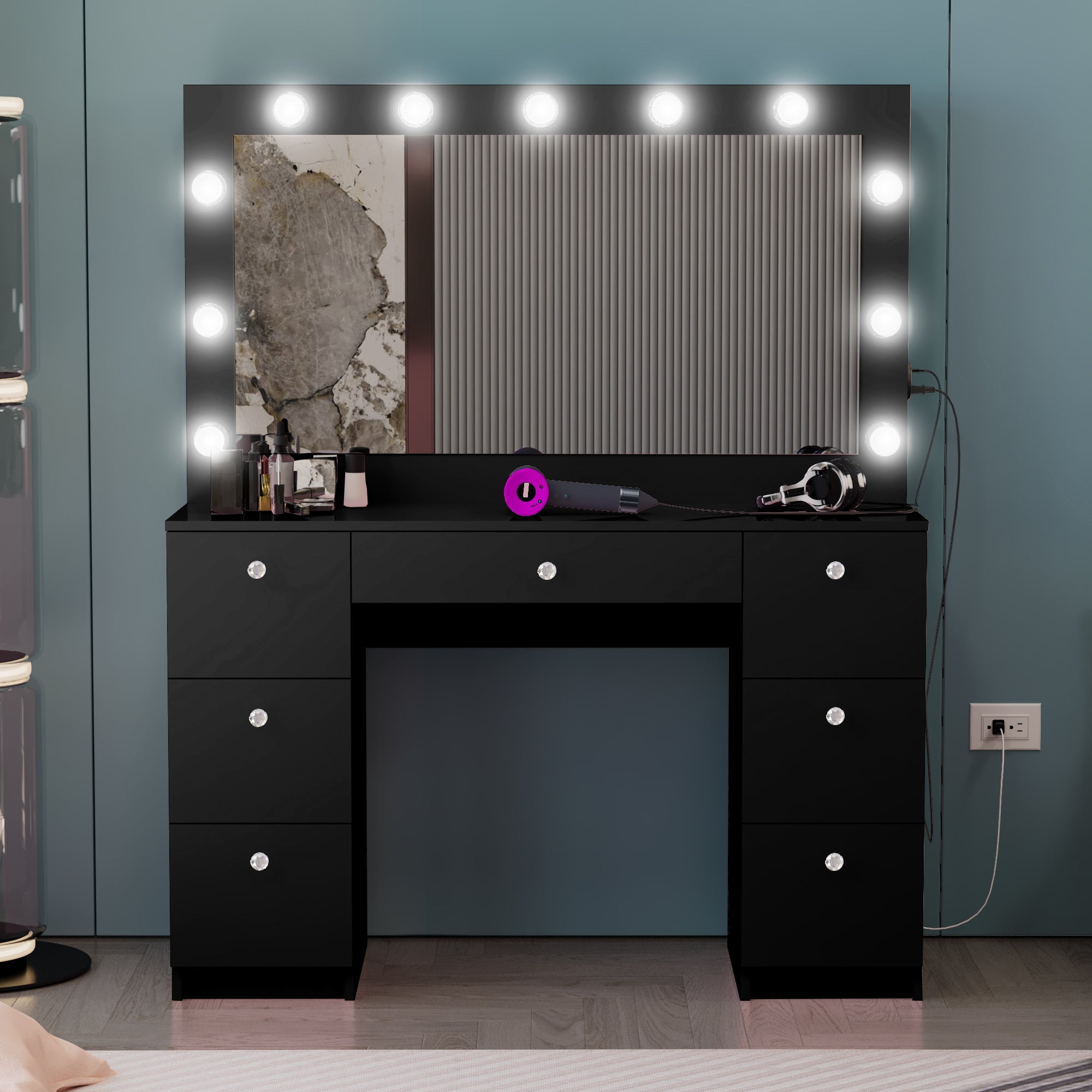 Ember Interiors Tammy Modern Black Makeup Vanity Desk with Lights, Charging Station, Mirror ...