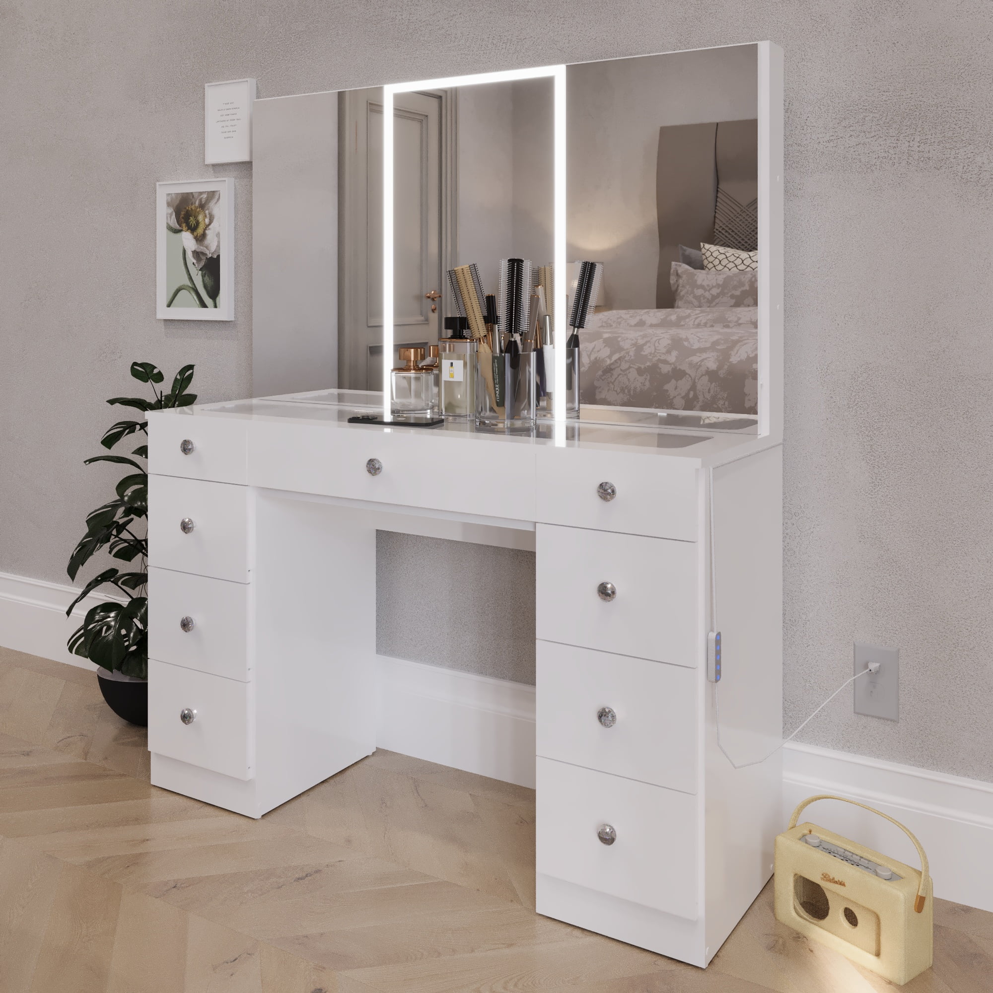 Ember Interiors Tammy Vanity Desk with Tri-Fold Mirror, Glass Top, LED ...