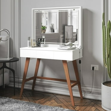 Ember Interiors Maddie Modern White Painted Vanity Table, USB Port, for ...