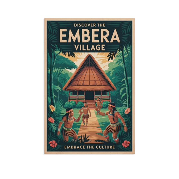 Embera Classic Poster Retro Cityscape with Traditional Huts & Jungle ...