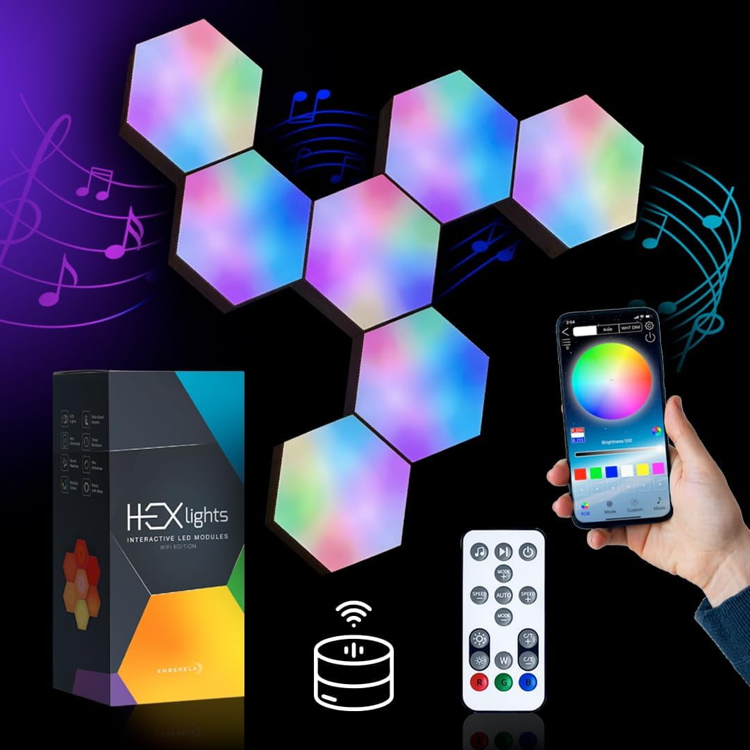 Emberela HEXlights 7-Pack RGB Wall Panels, App + Remote Controlled ...