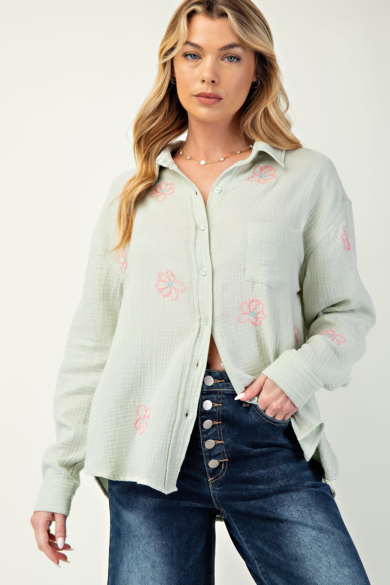 Embo detailed cotton gauze button down shirt - Walmart.com