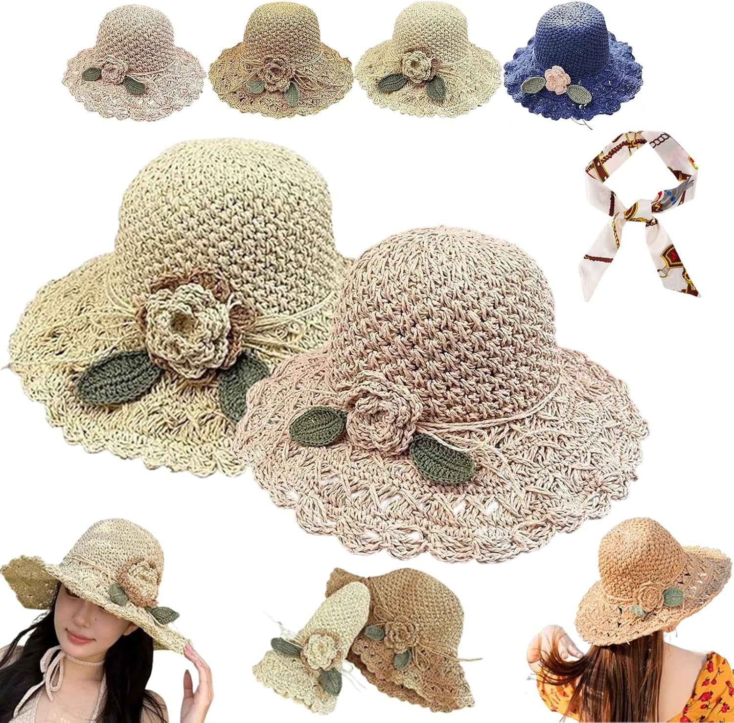Emboadlie Straw Hat,Elegant Crochet Straw Hat with Ruffle Detail ...
