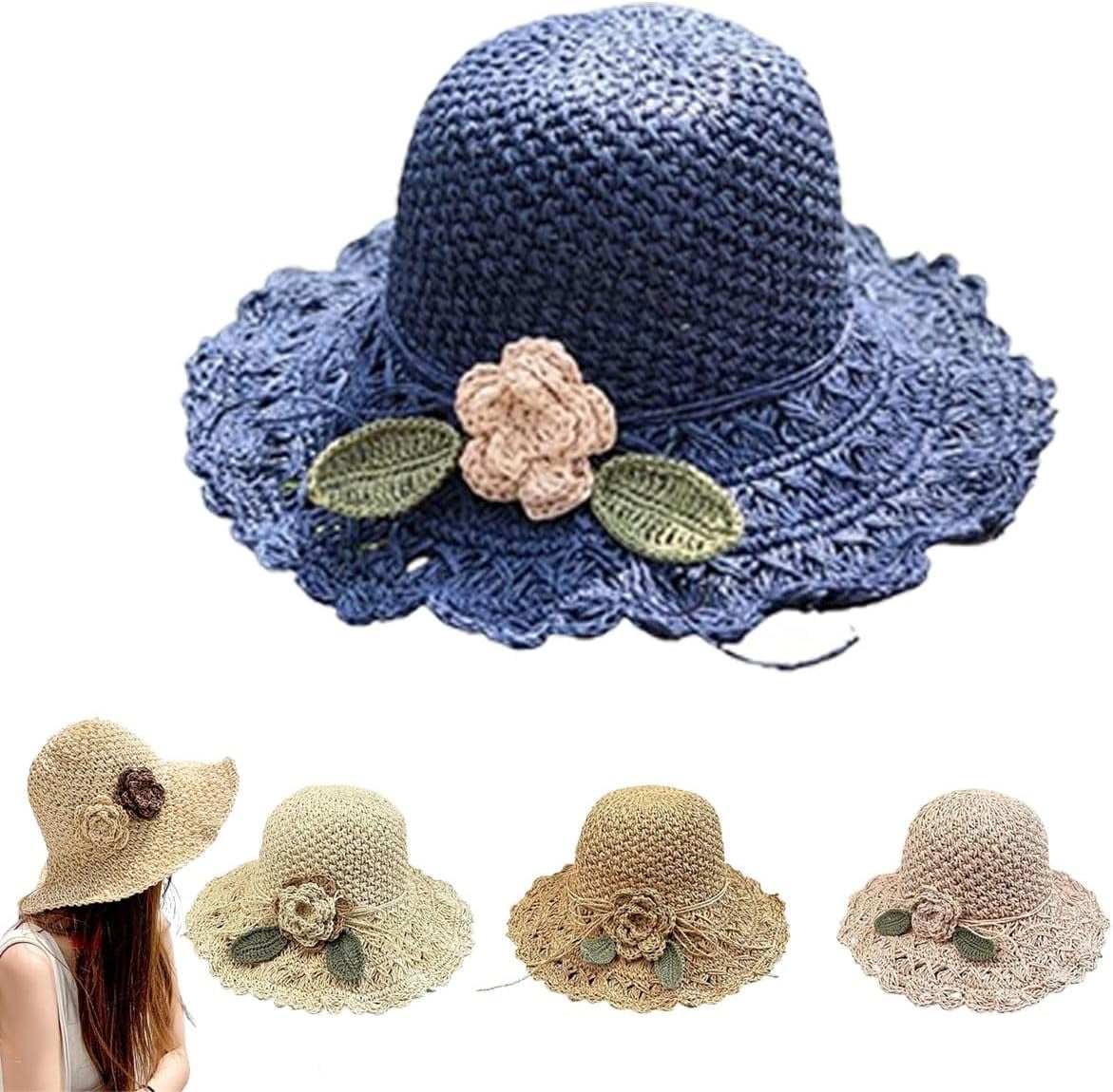 Emboadlie Straw Hat - Hand-Crocheted Ruffle Brim, Adjustable Foldable Design for Women's Beach ...