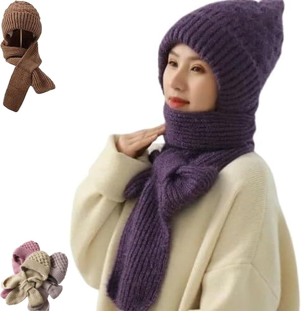 Emboadlie Winter Versatile Knitted Hooded Scarf for Women Beanies Hat and Set Hats Attached ...
