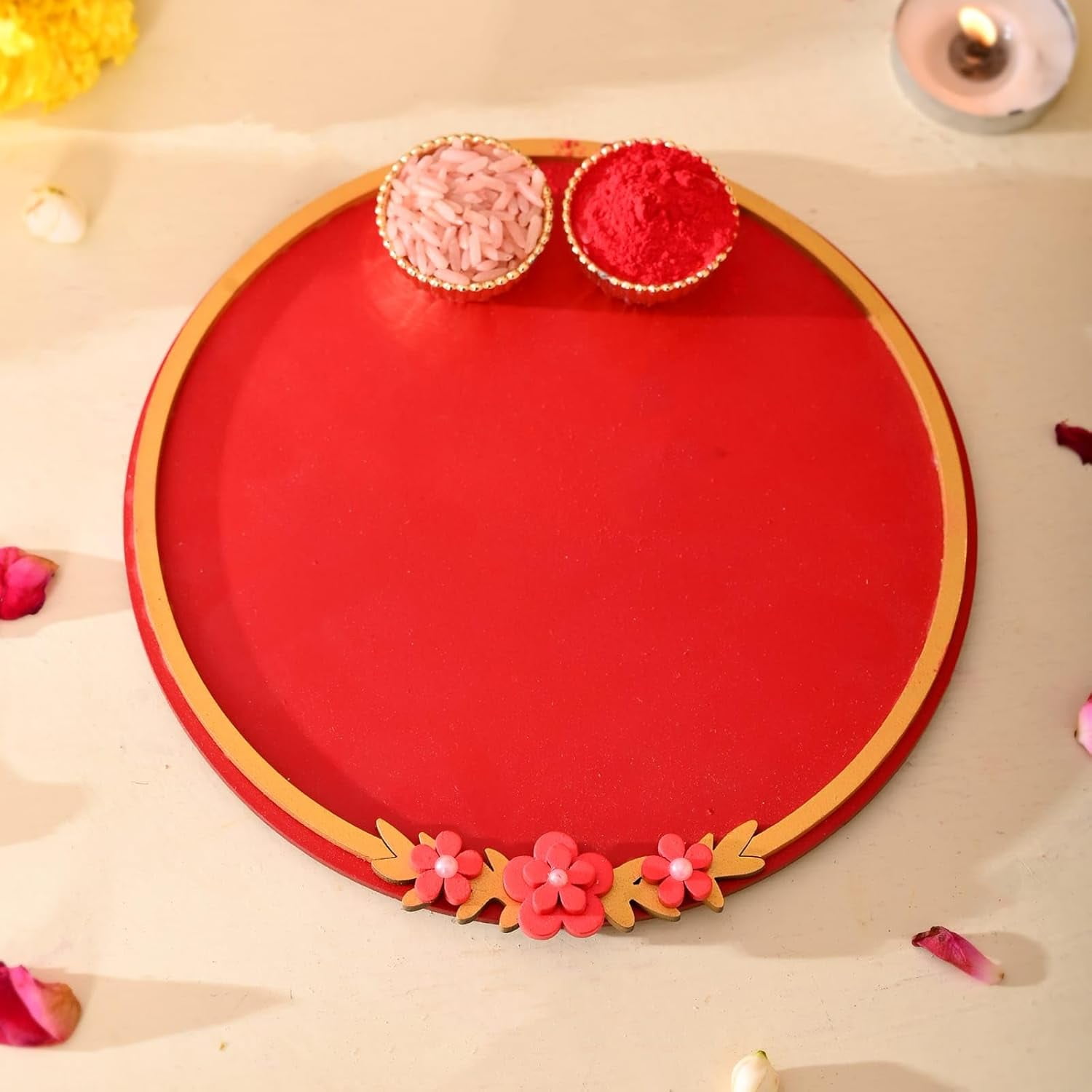 Emboss Culture Decorative Red Pooja Thali with Floral Design for ...