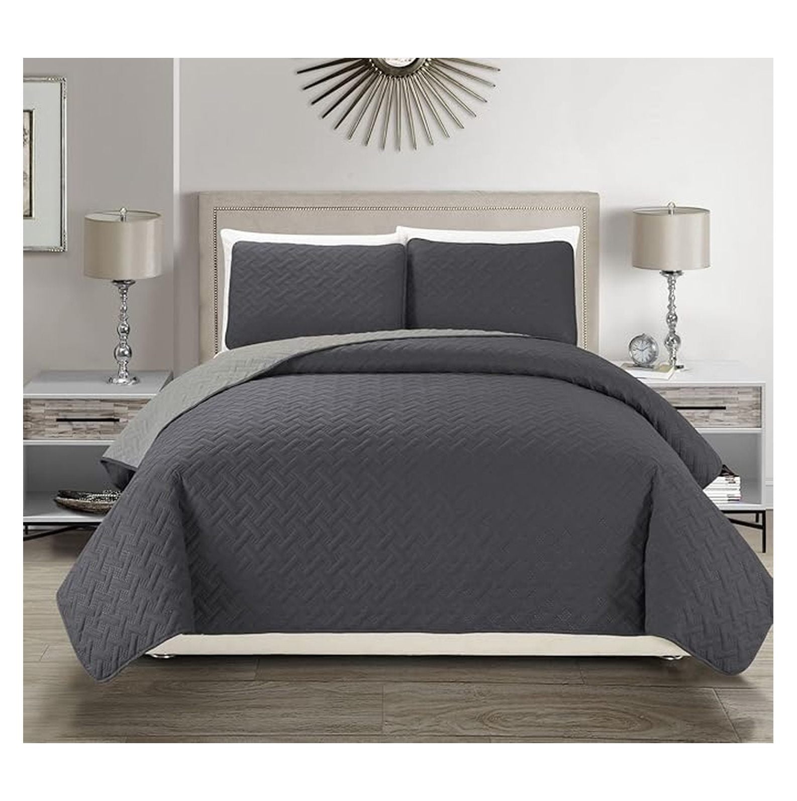 Embossed Charcoal Reversible Bedspread/Quilt Set Queen - Walmart.com