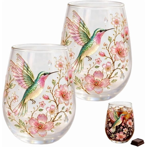 Embossed Glass Tea Cup Hummingbird Floral Gold Rim 14oz Clear Glass Mug ...