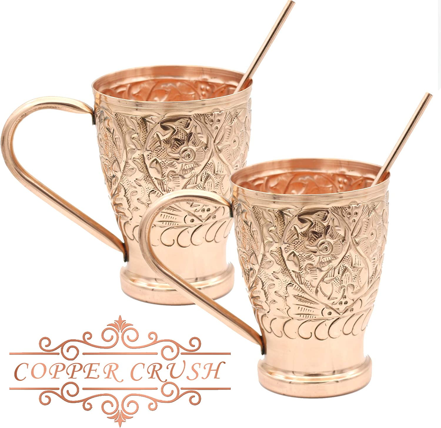 Embossed Moscow Mule Copper Mugs Set of 2 Pure Copper Cups -2 Straws ...