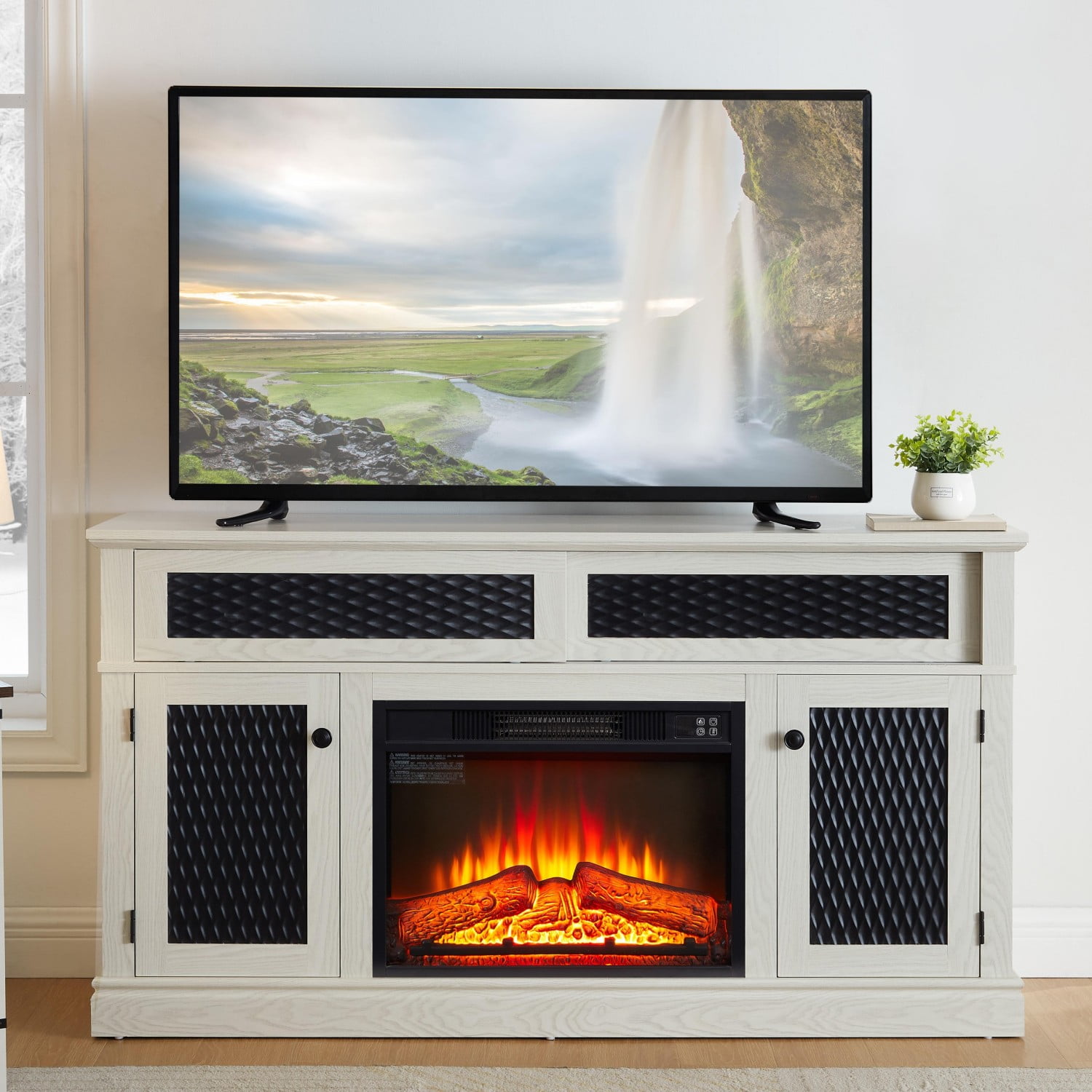 Embossed Pattern Tv Stand With 23" Fireplace Insert,, Tv And Media ...