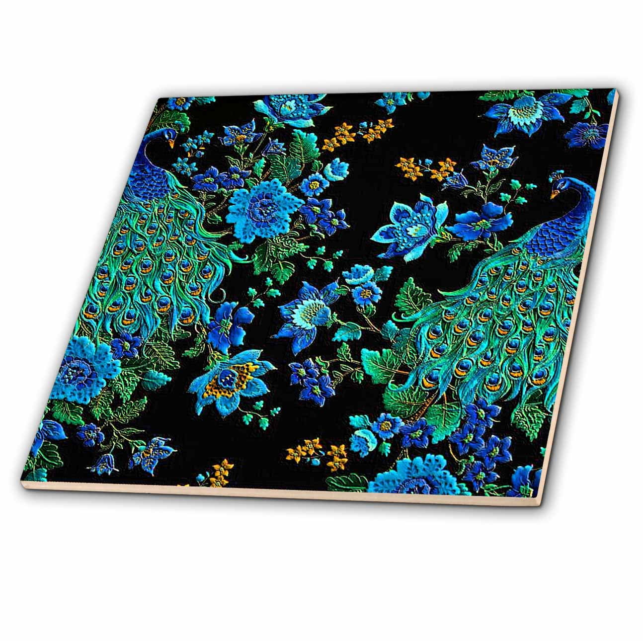 Embossed Peacocks n Floral In Beautiful Blue Green 4 Inch Ceramic Tile ...