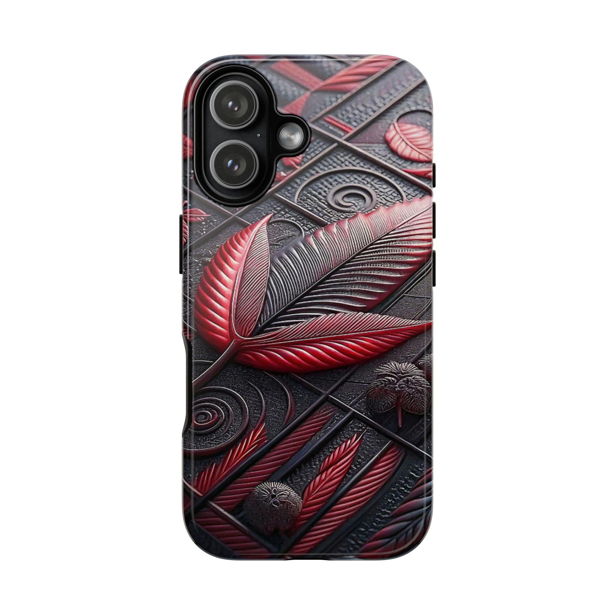 Embossed Red Leaf Phone Case Modern Textured Design for iPhone 17 16 15 ...