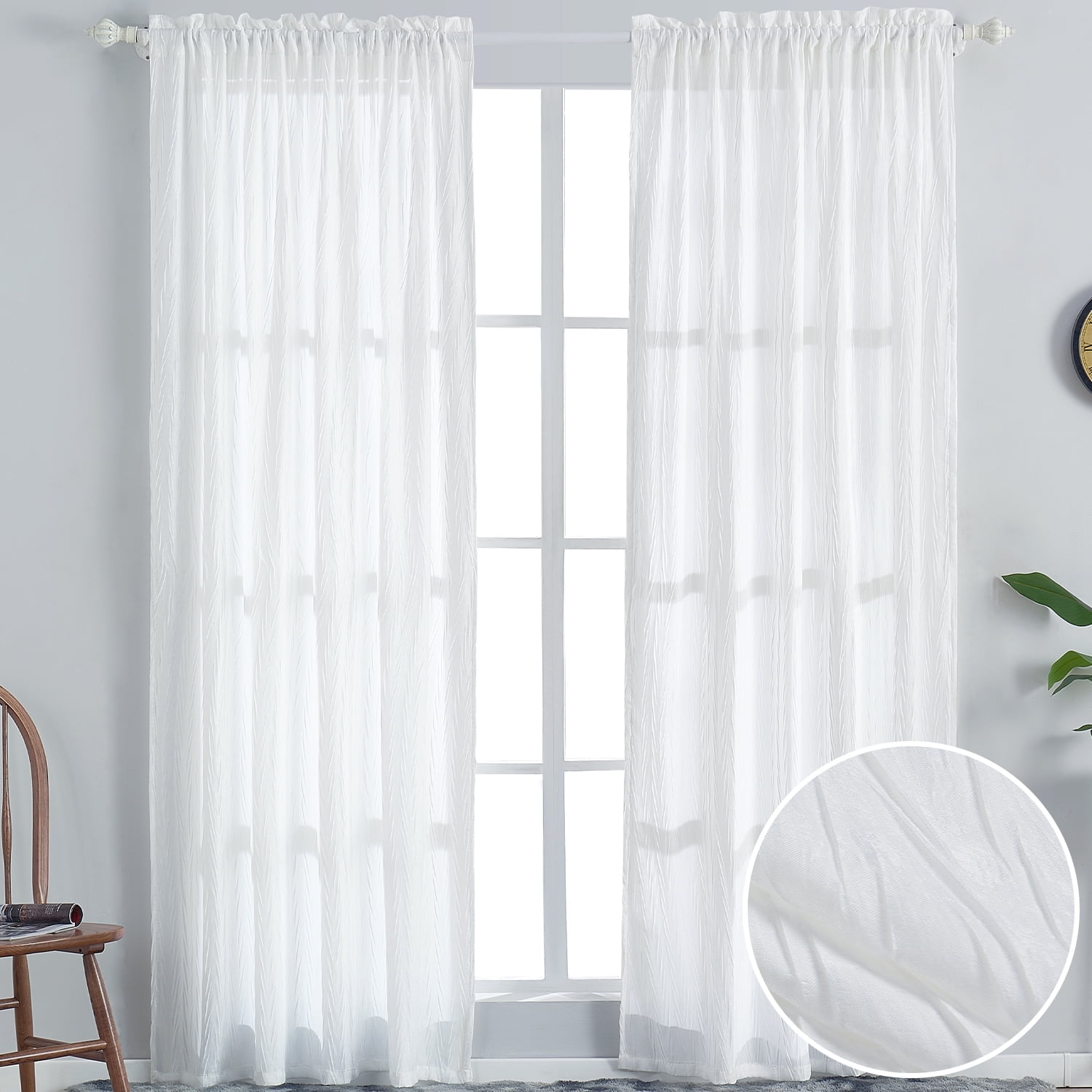 Embossed White Sheer Curtains Set of 2, Semi-Sheer Window Curtains Rod ...