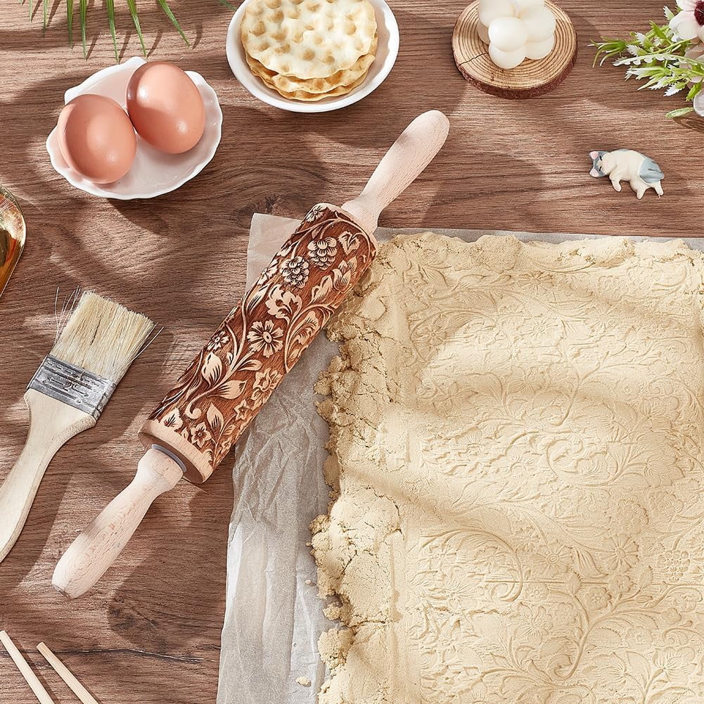 Embossed Wooden Rolling Pin Darker 3D Flower Rattan for Baking Biscuits ...