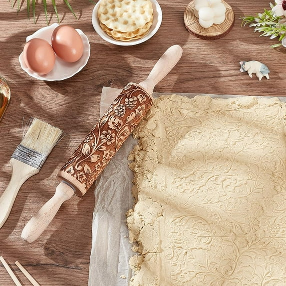 Embossed Wooden Rolling Pin Darker 3D Flower Rattan for Baking Biscuits ...