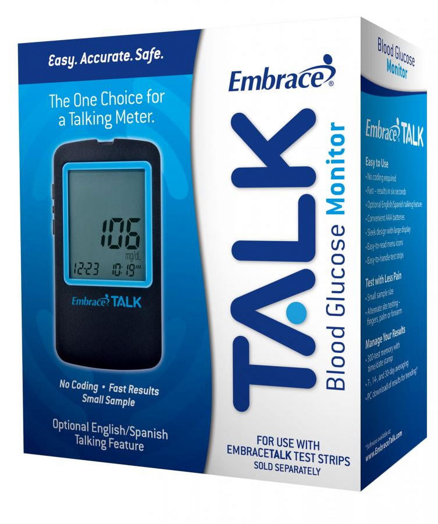 Embrace TALK Glucometer, Ergonomic Blood Glucose Tester, English ...