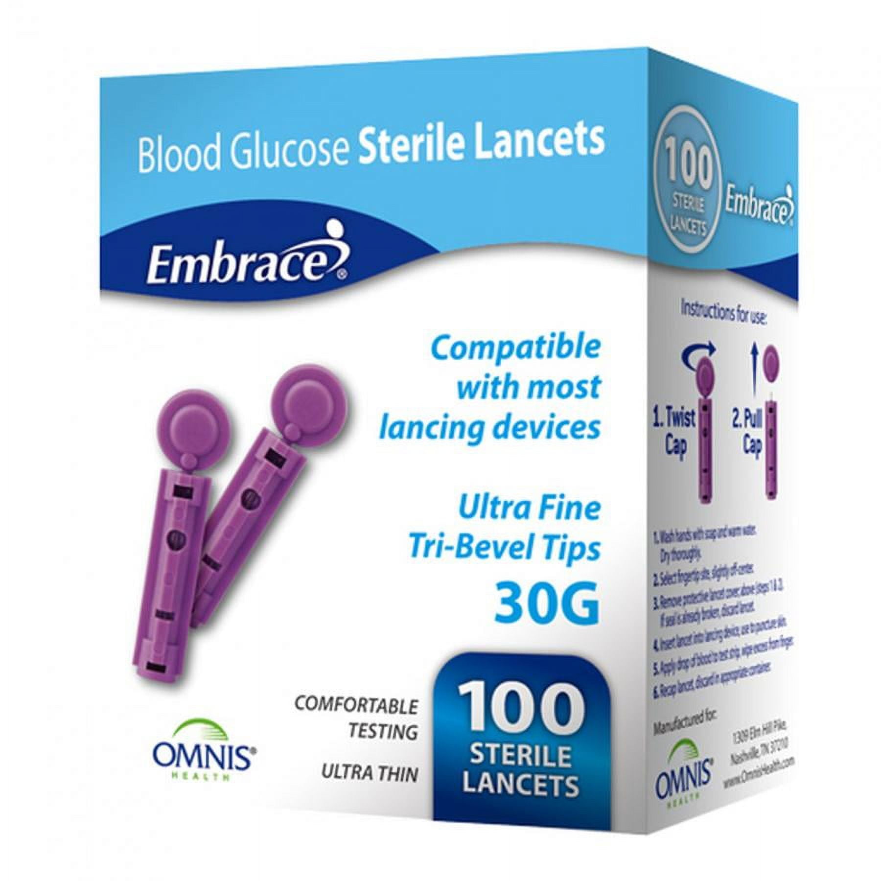 Embrace Ultrafine Lancets, 30 Gauge Needle, Sterile, 100 Count for ...