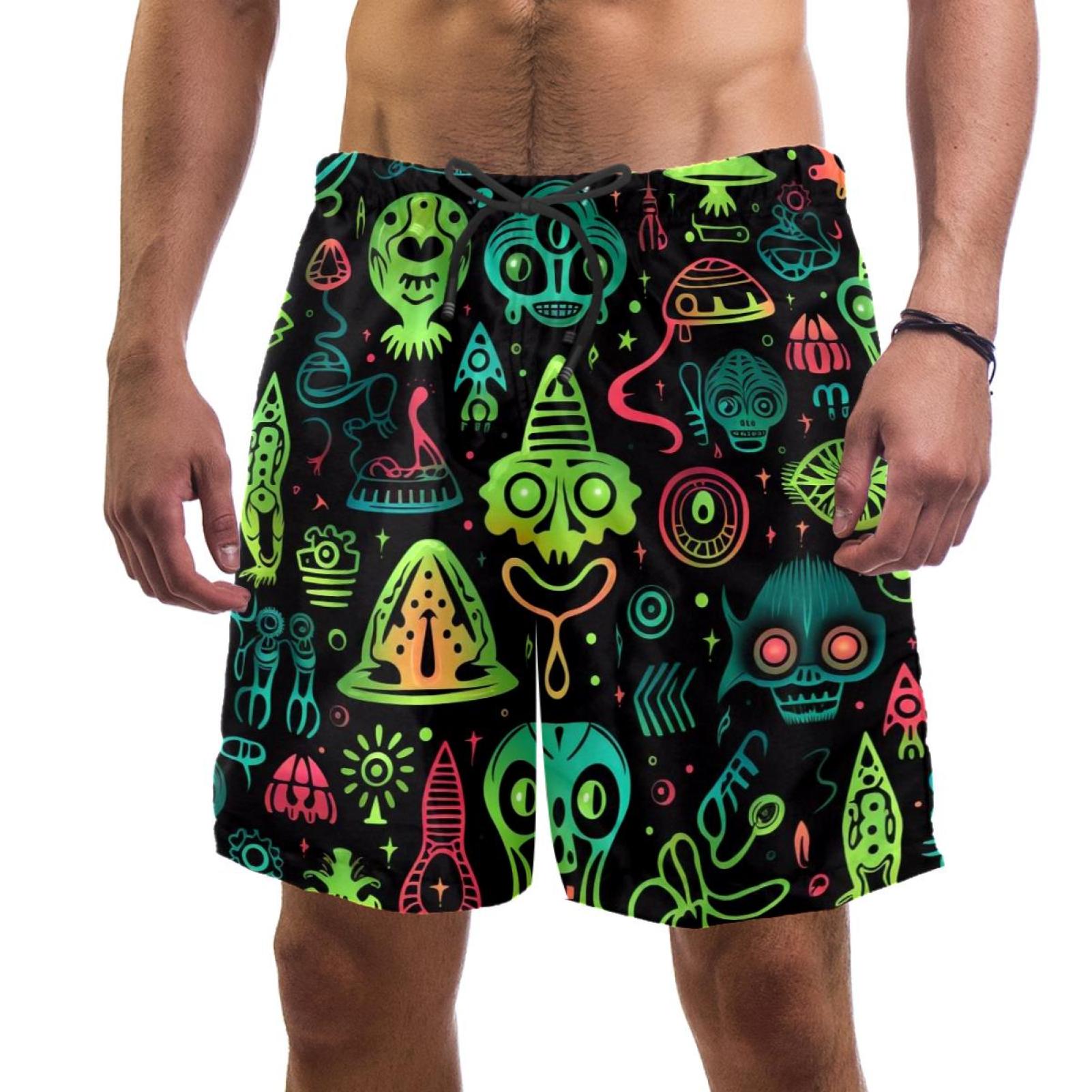 Embrace the Waves in our Men's Cartoon Green Alien Swim Trunks - Quick ...