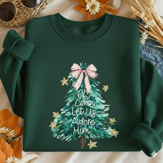 Embroidered Adore Him Christmas Tree Crewneck, Pink Bow Detail ...