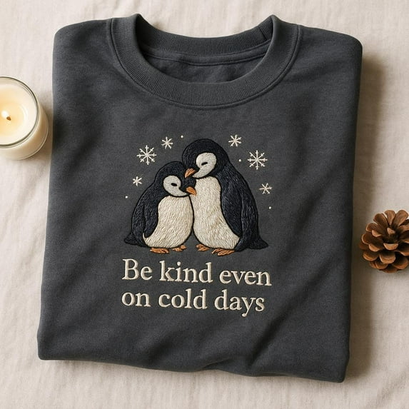 Embroidered Be Kind Penguin Sweatshirt, Winter Cold Days Kindness ...